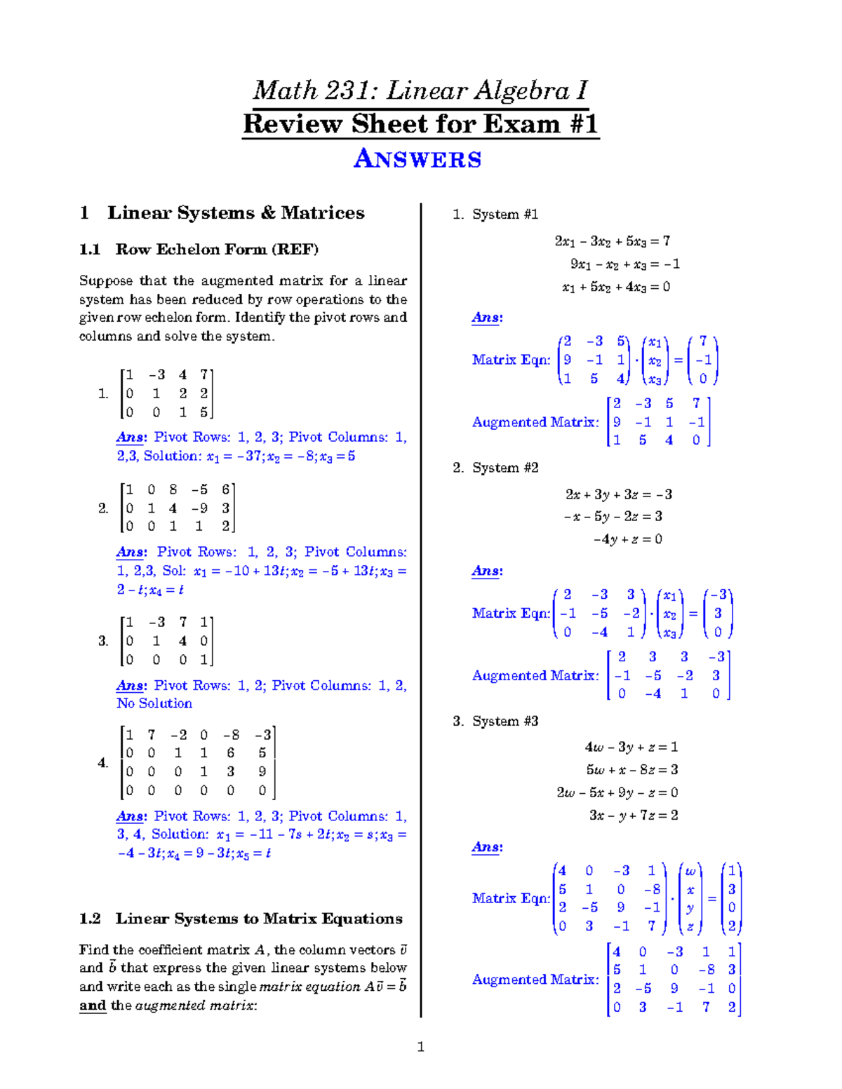 Review Sheet for Exam 1 Answers - Math 231: Linear Algebra I Review ...