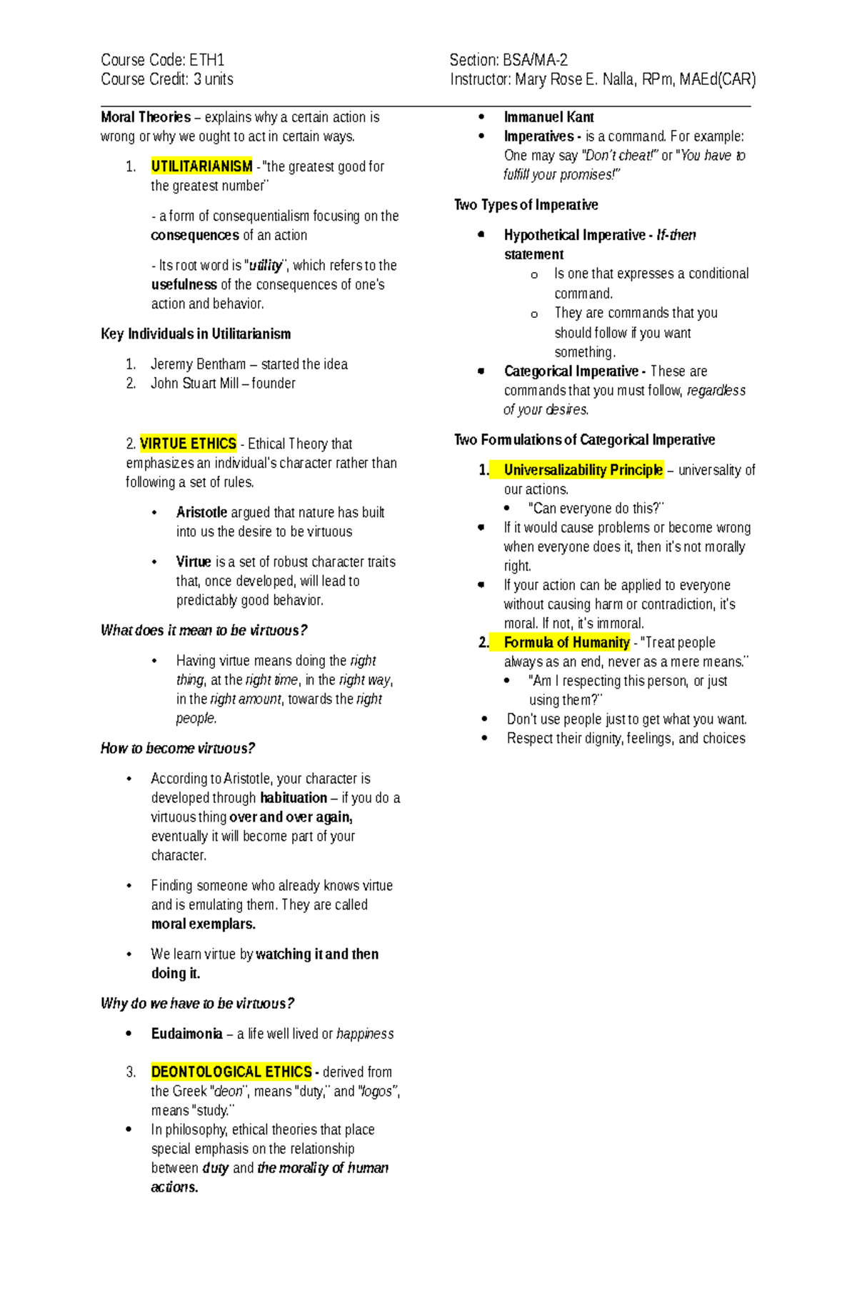 ETH1: Moral Theories Overview and Key Ethical Concepts - Studocu