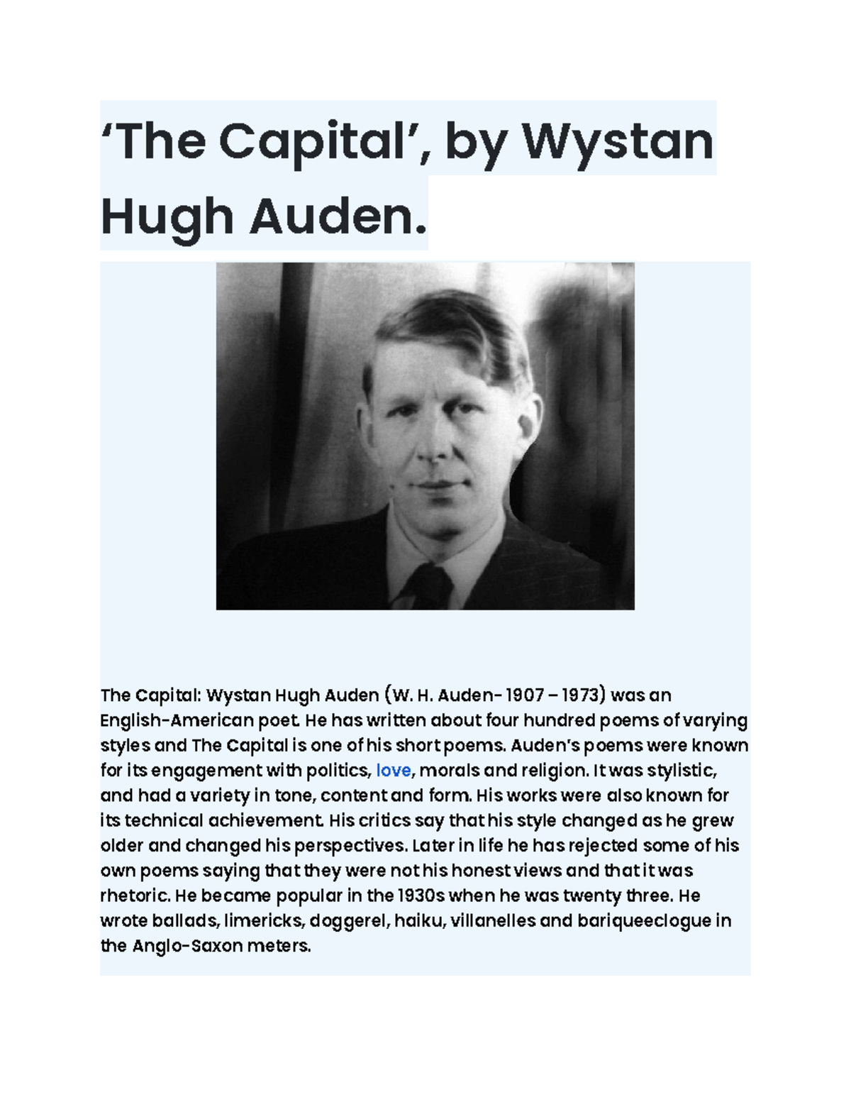 ‘The Capital’, by Wystan Hugh Auden - The Capital: Wystan Hugh Auden (W ...