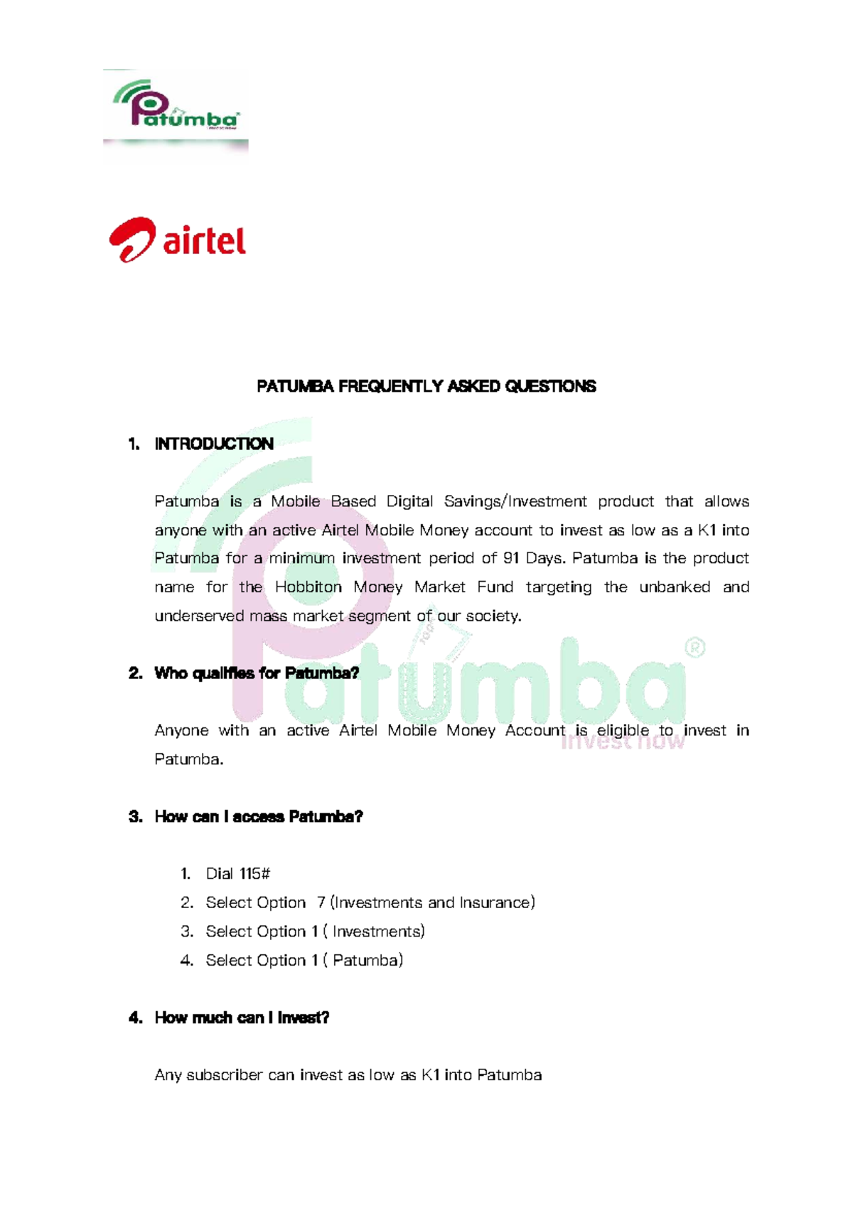Patumba Investment FAQs: A Guide to Mobile Money Opportunities - Studocu