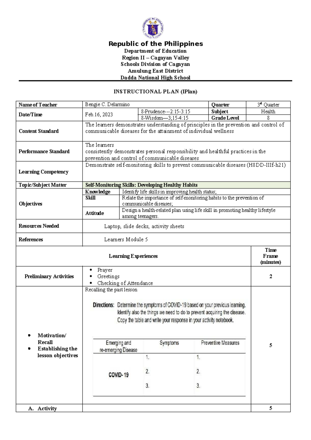 Health 8 3rd Quarter - Lesson Plan on Communicable Diseases - Studocu