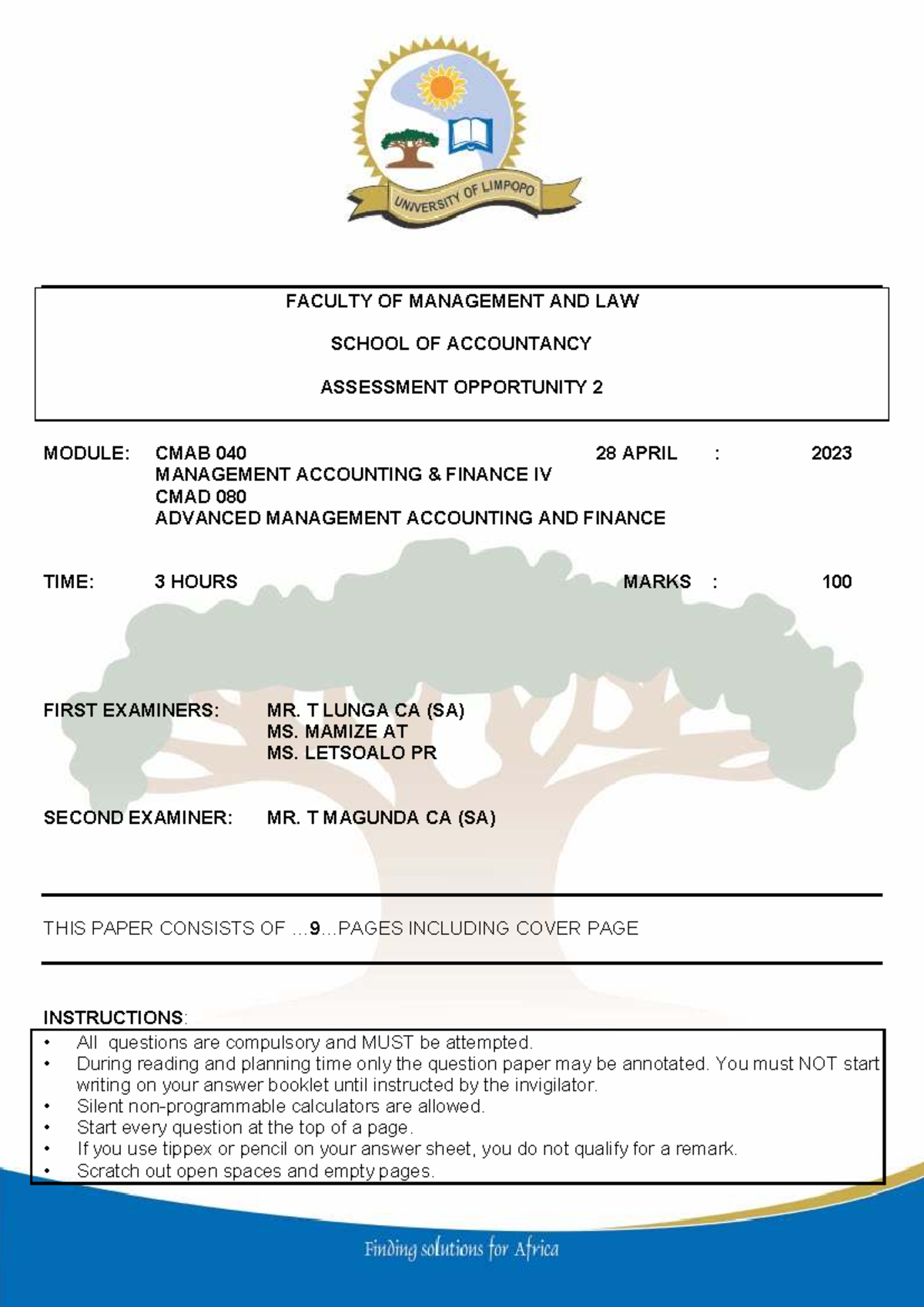 TEST 2 2023- MAF - question paper - FACULTY OF MANAGEMENT AND LAW ...