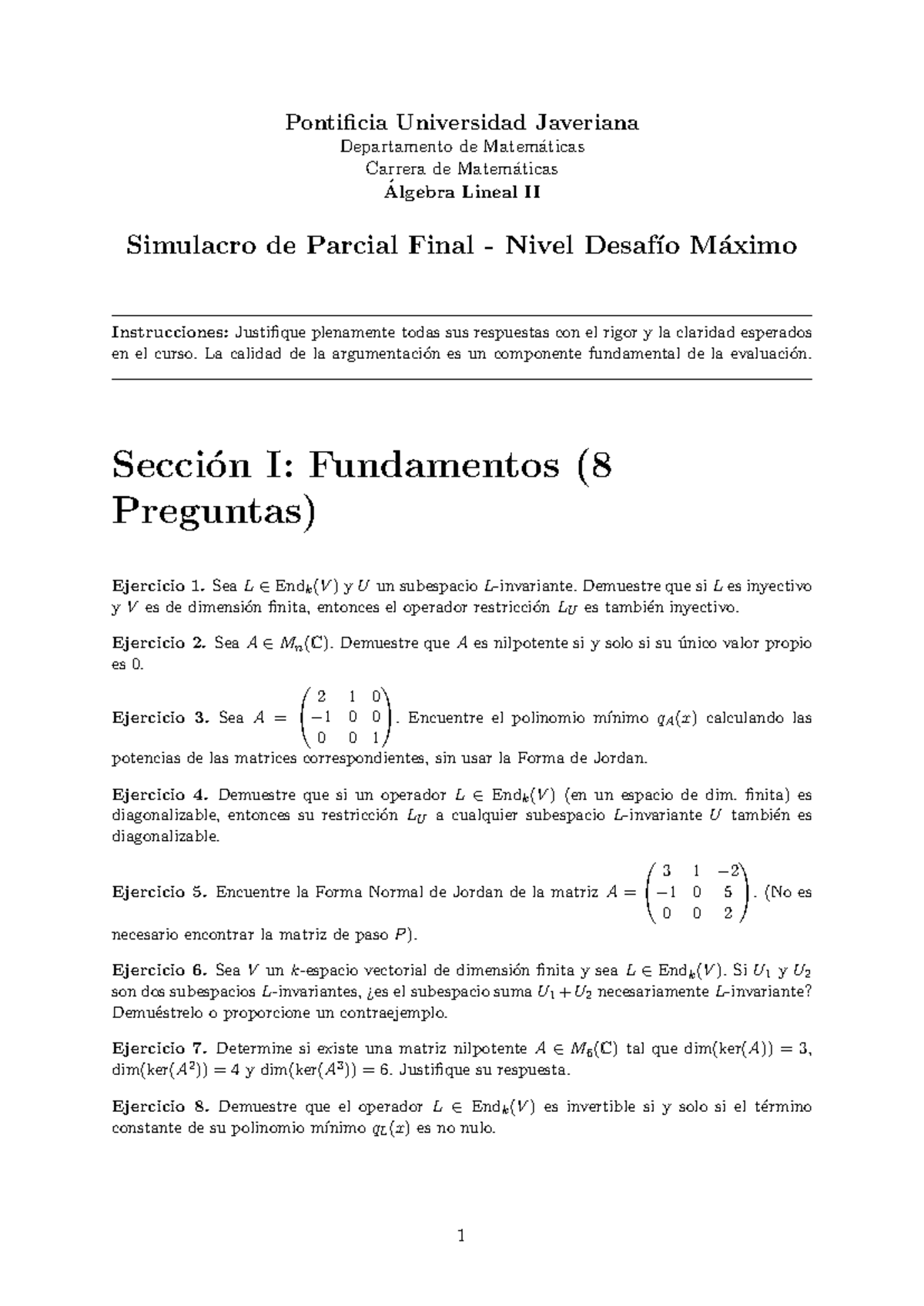 Álgebra Lineal II - Simulacro de Parcial Final - PUJ - Studocu