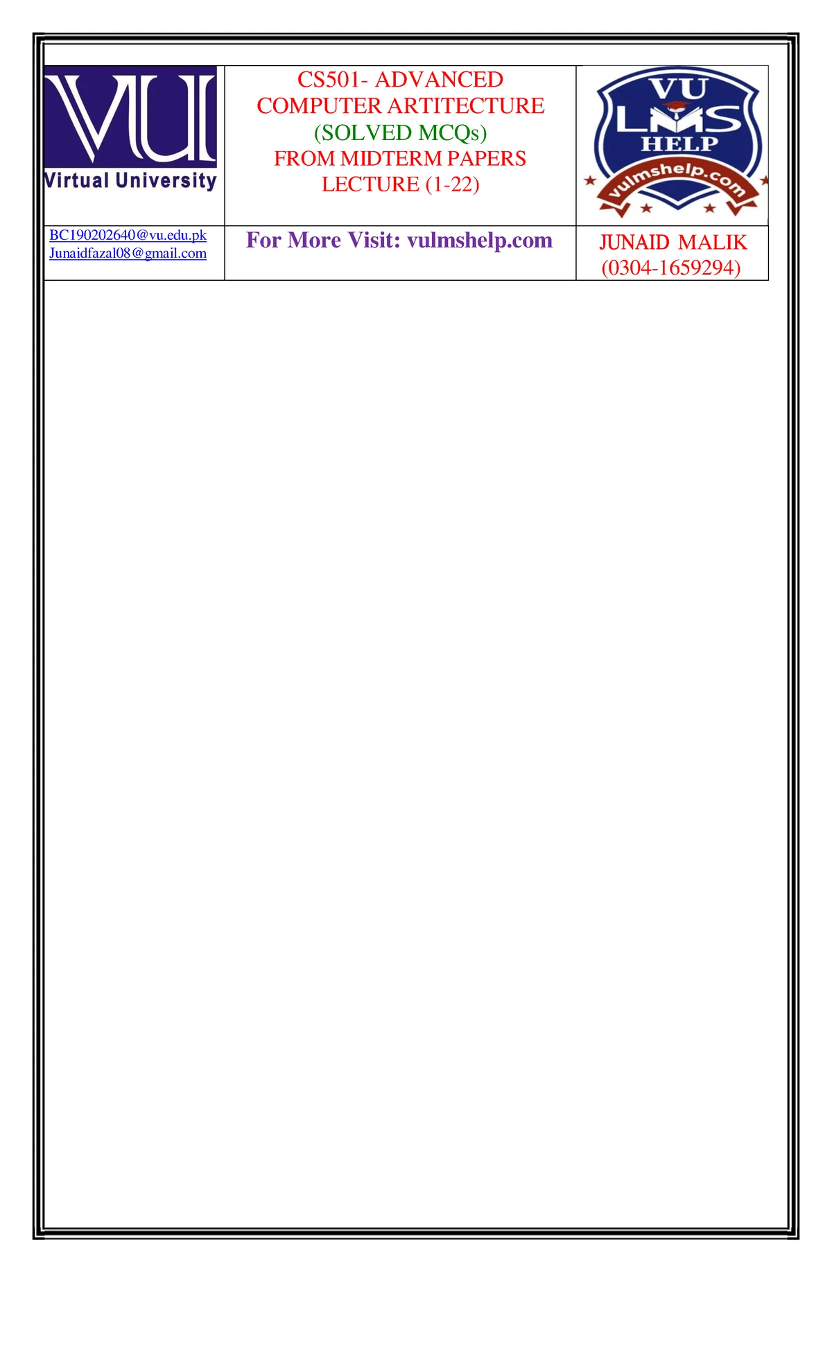 CS501 Quiz-2 By Vu Topper RM - CS-501 Advanced Computer Architecture Update MCQS For Quiz-2 File ...