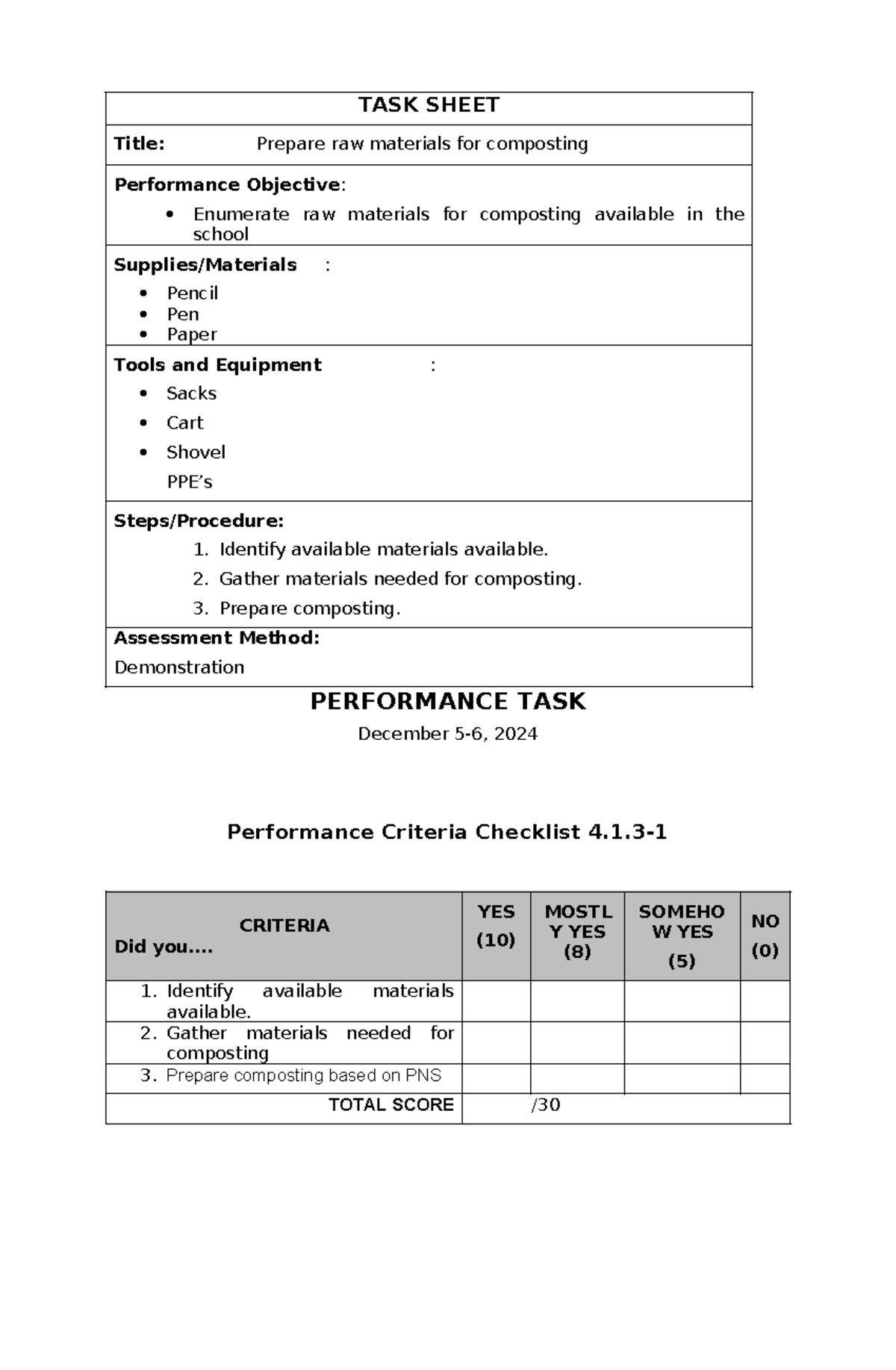 TASK Sheet-W1 - a sample performance task to learners - TASK SHEET ...