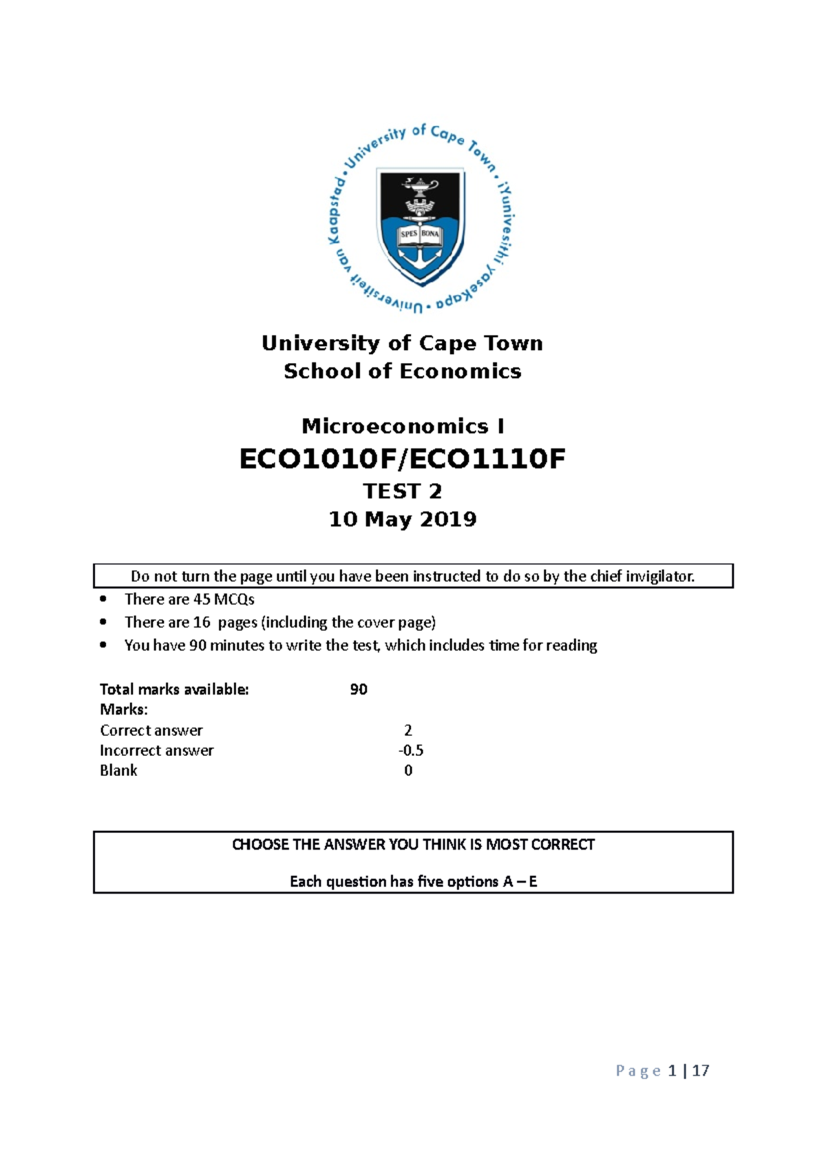 ECO1010F/ECO1110F Test 2: Questions and Answers (2019) - Studocu