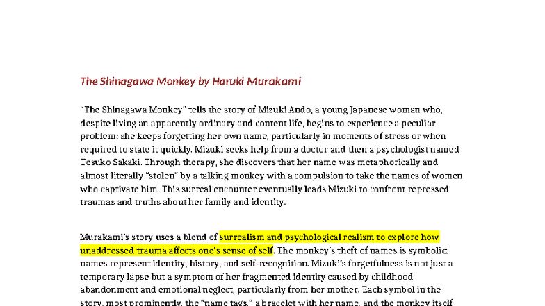 Shinagawa Monkey Analysis: Identity, Trauma & Healing in Murakami's ...