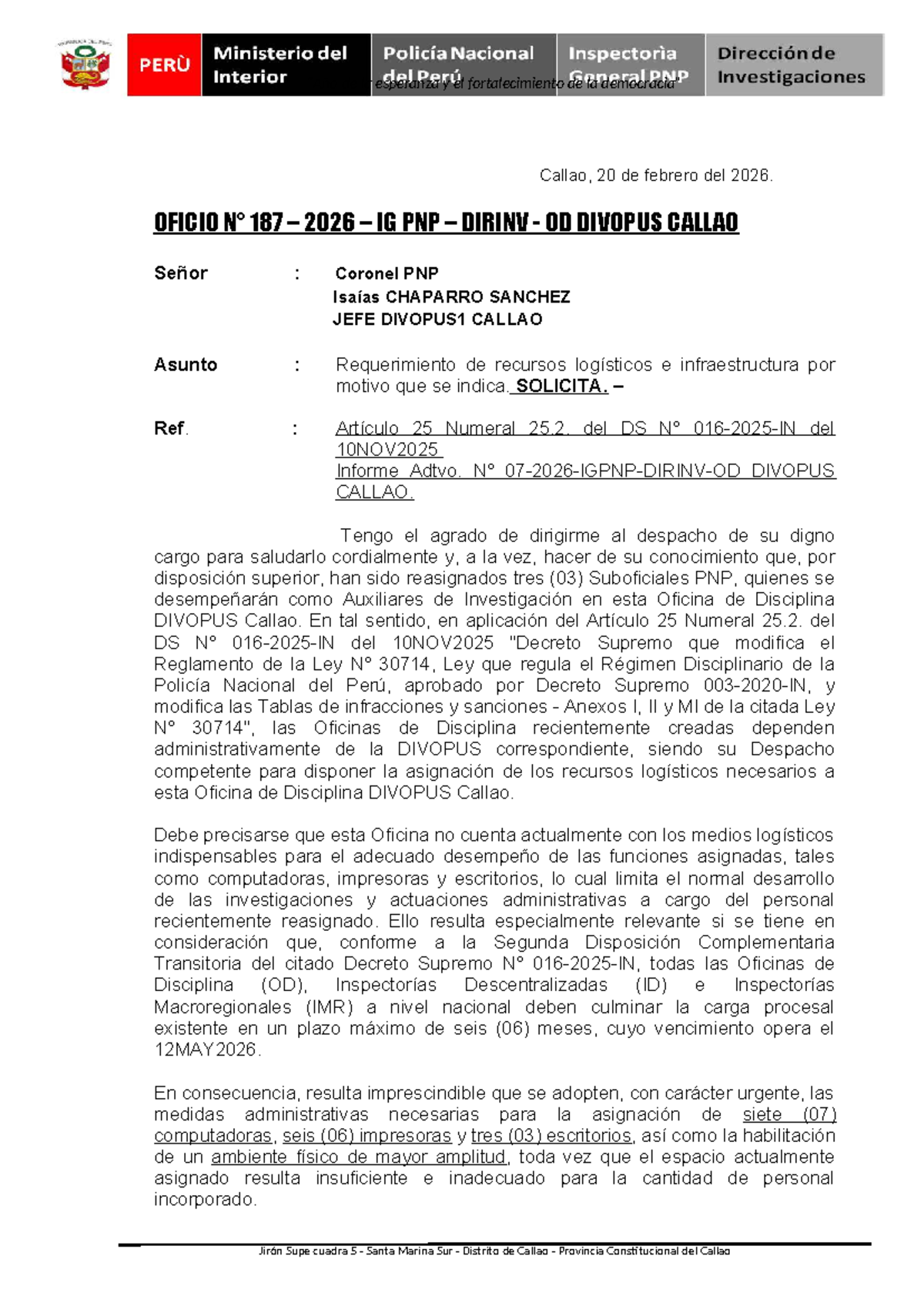 Oficio Logístico DIVOPUS Callao: Requerimientos y Entregas 2025 - Studocu