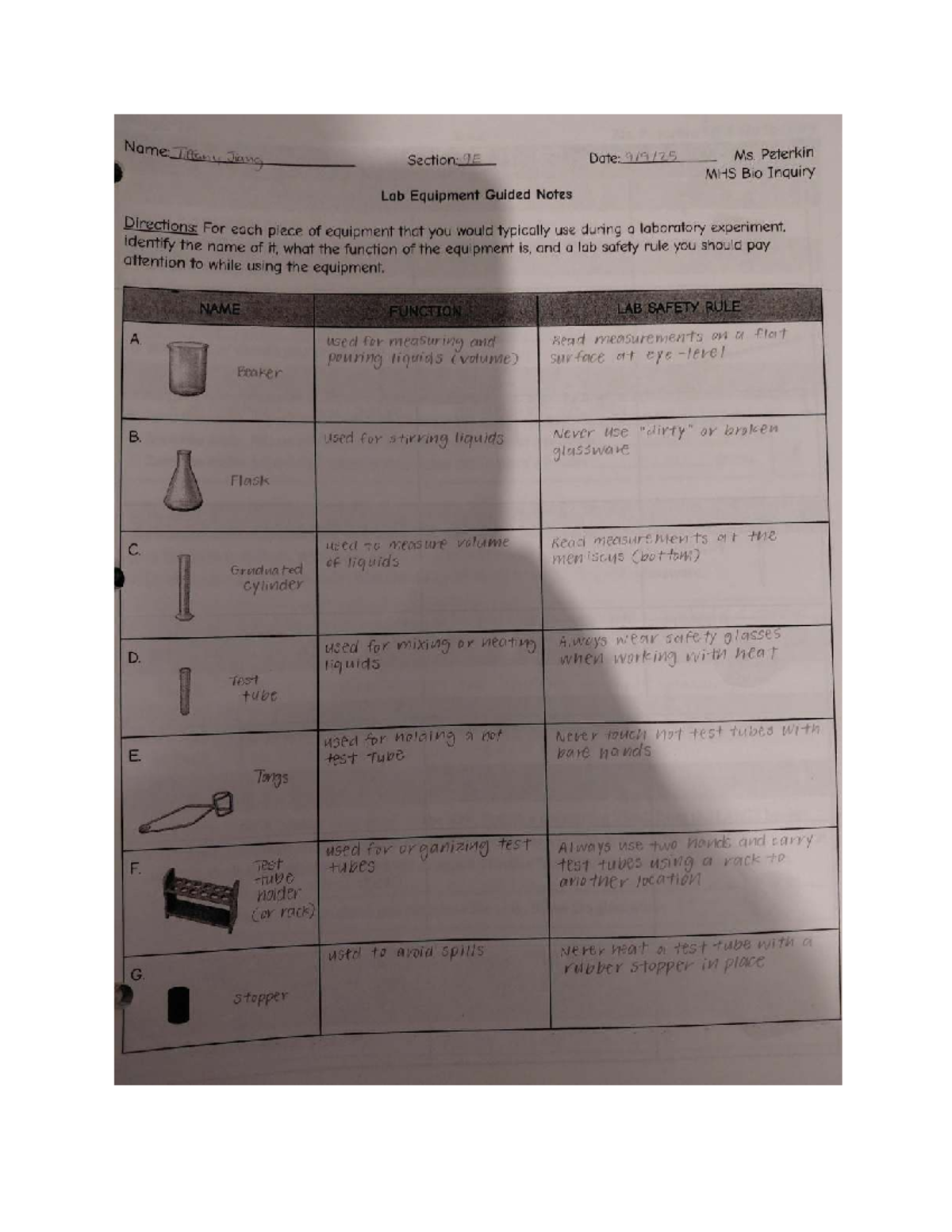 MHS Bio 9E Lab Equipment Guided Notes and Safety Rules - Studocu