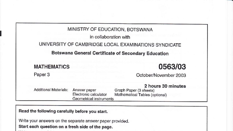 Bgcse Maths PP3 2003 - Mathematics Paper 3 Exam Guide - Studocu