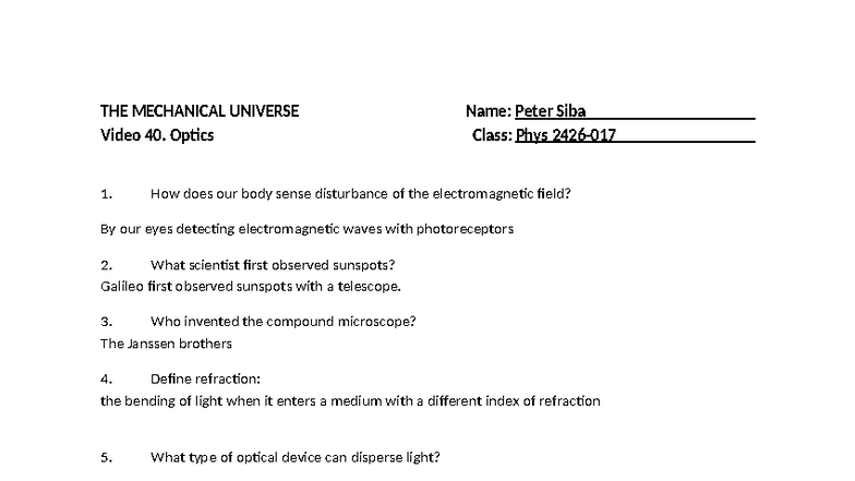 40. Optics - Mechanical Universe Video Notes - Studocu