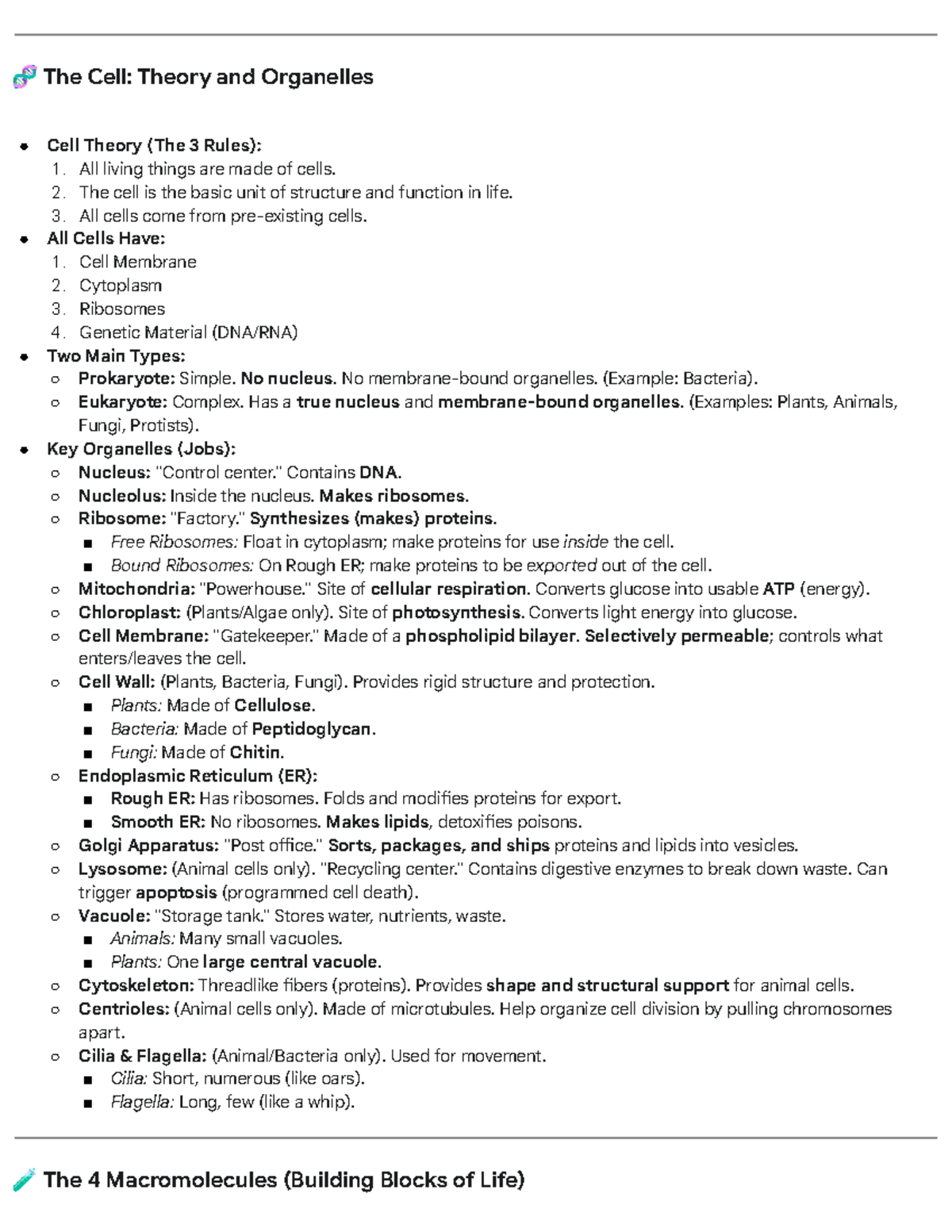 Biology Study Guide: Cell Theory, Organelles & Cellular Processes - Studocu