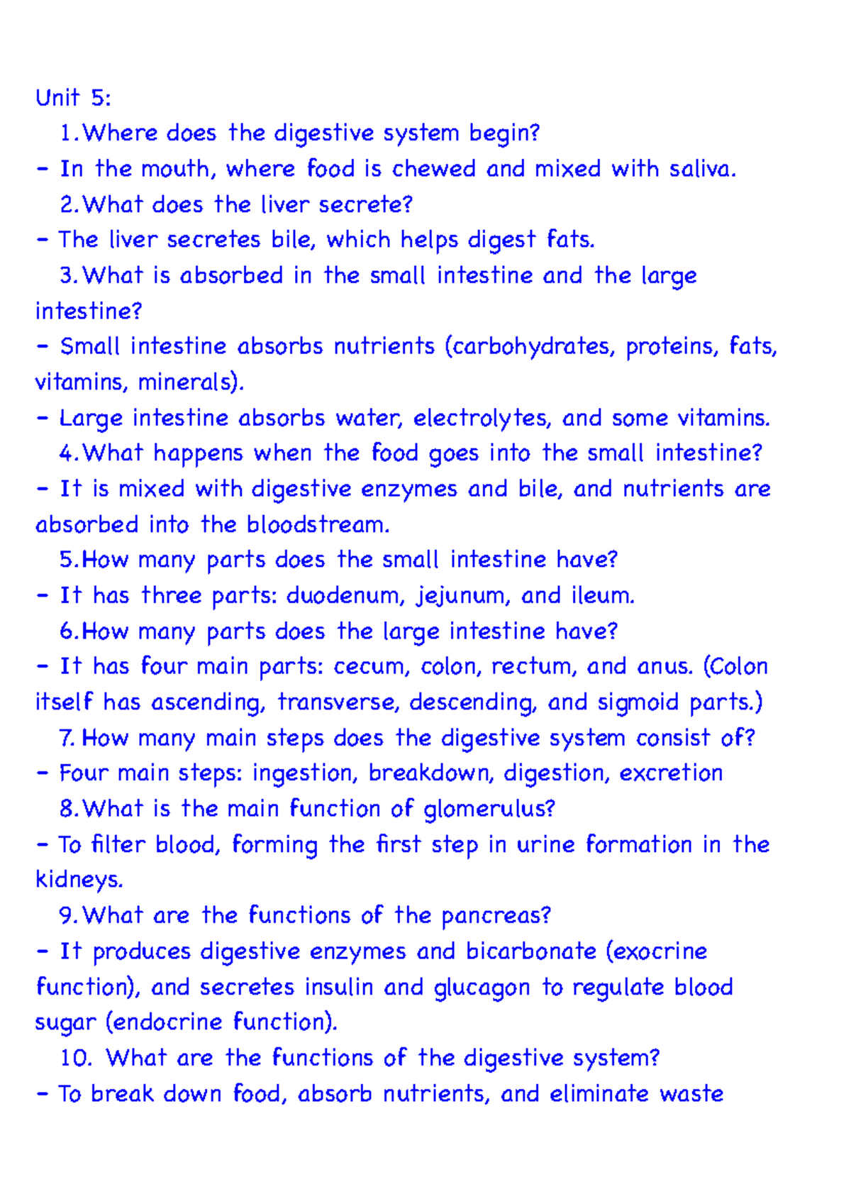 Unit 5 & 6: Digestive and Urinary System Overview & Key Functions - Studocu