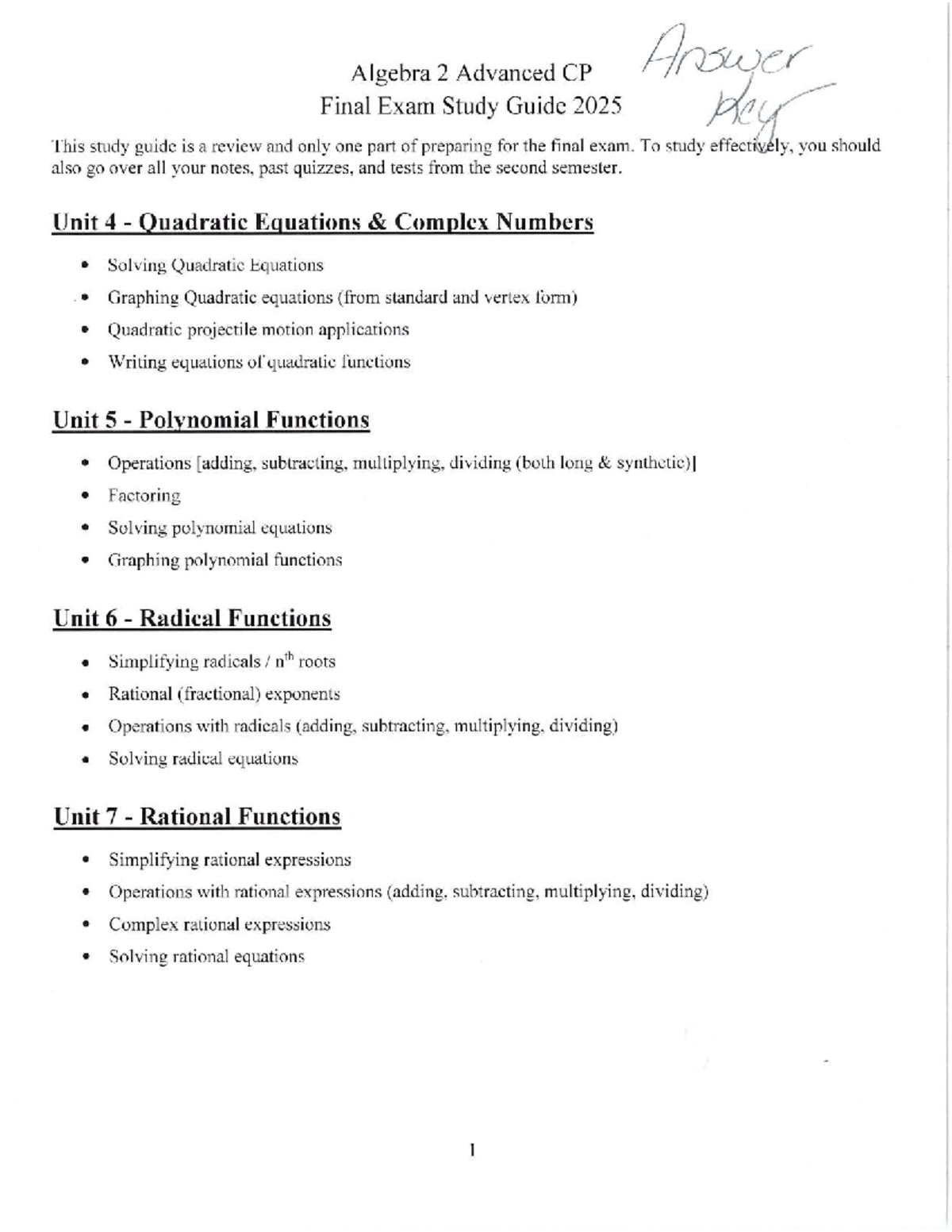 Algebra 2 Advanced CP Final Exam Study Guide 2025 Key - Studocu