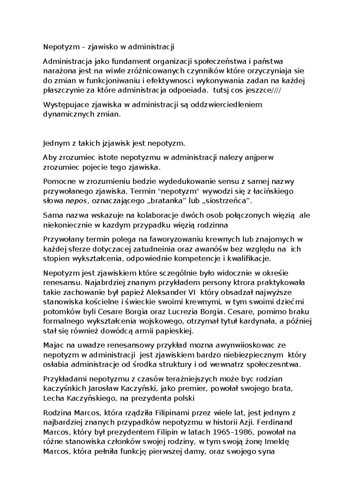 Nepotyzm w Administracji: Zjawisko, Przyczyny i Skutki - Studocu