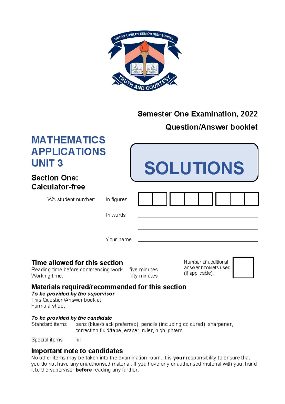 2022 MATHEMATICS APPLICATIONS UNIT 3 Sem 1 Exam Solutions - Studocu