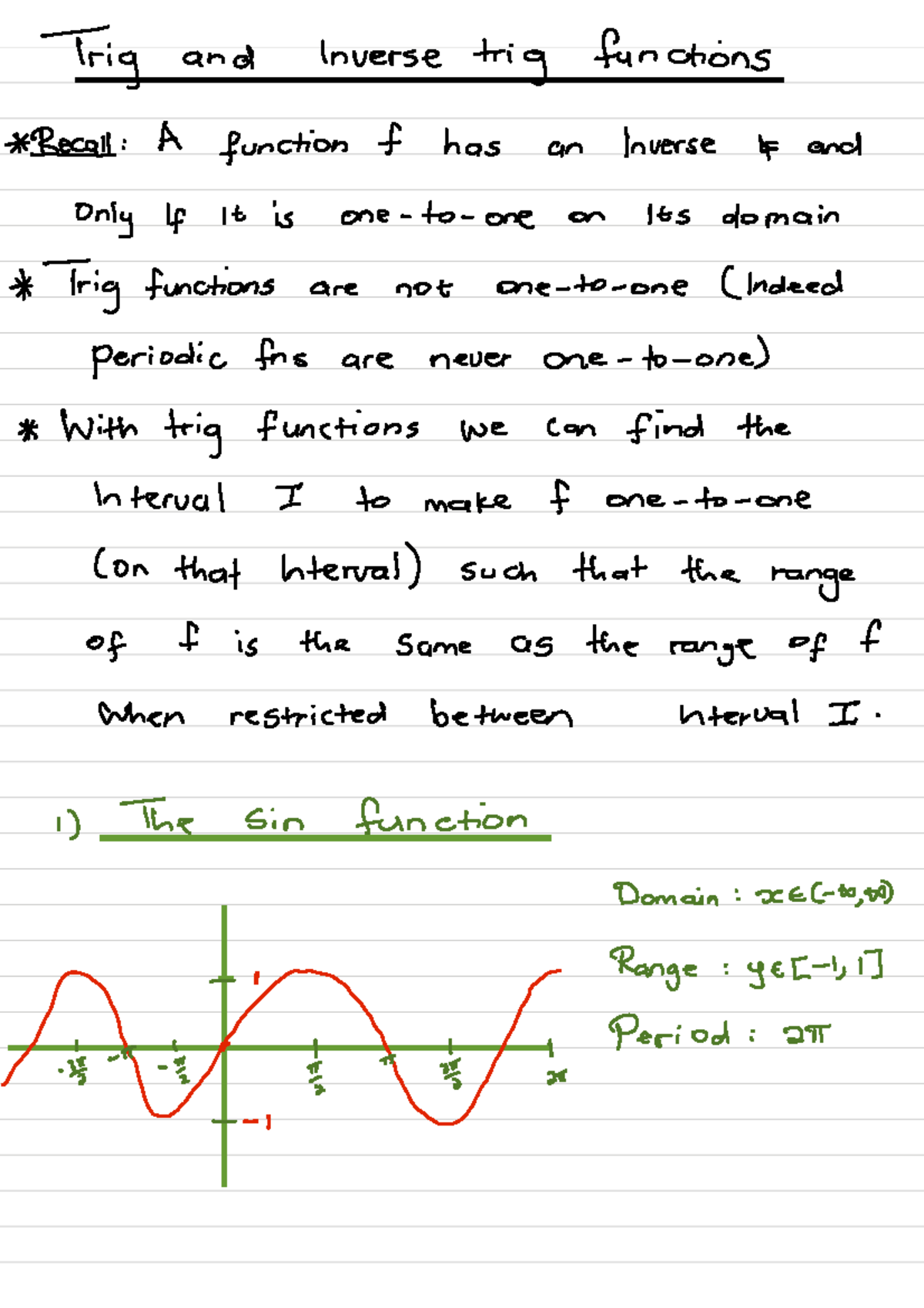Trig and inverse trig functions - 1) The Sin function Domain: 1 Range ...