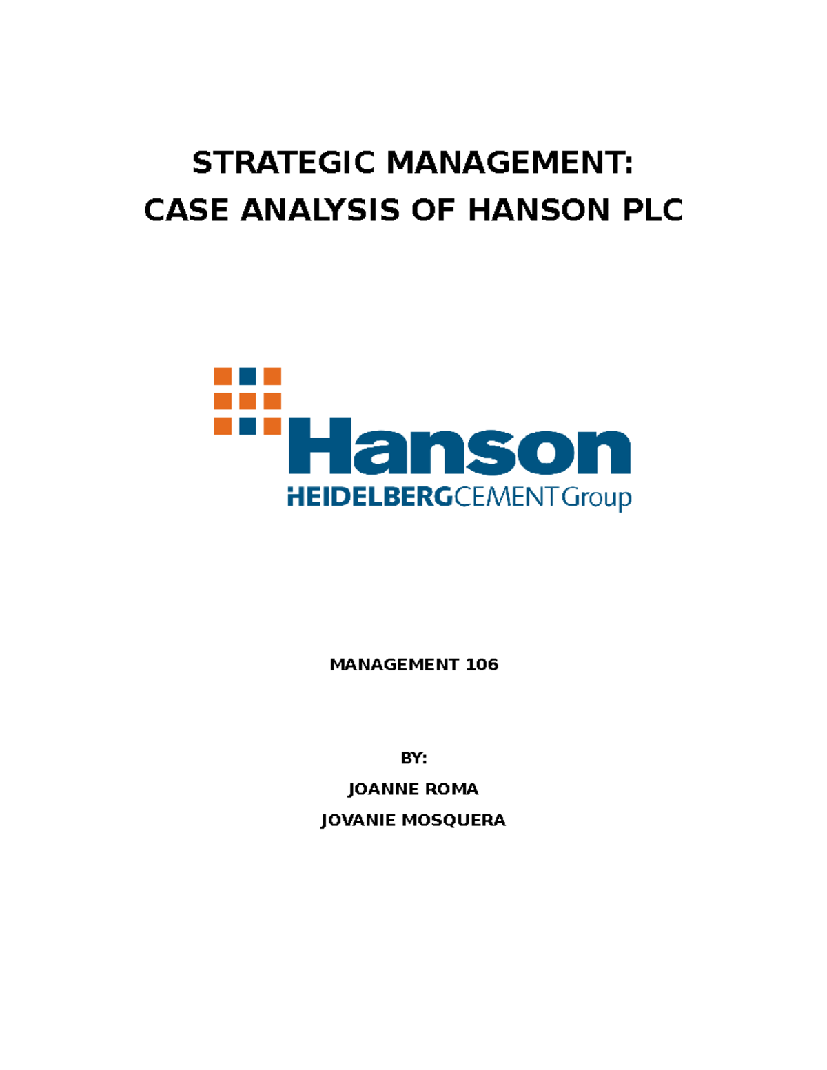 Case Analysis of Hanson PLC (B)-MGT106 - STRATEGIC MANAGEMENT: CASE ...