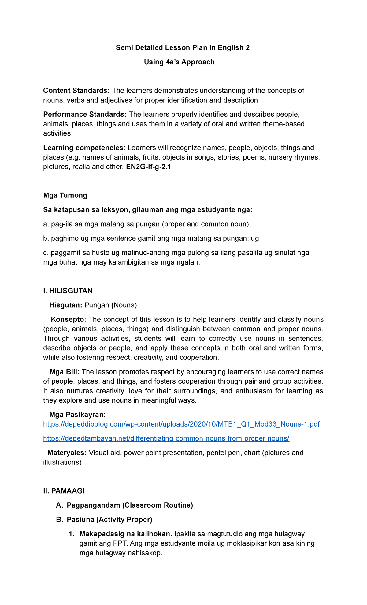 Semi Detailed Lesson Plan in English 2: Understanding Nouns and Their ...