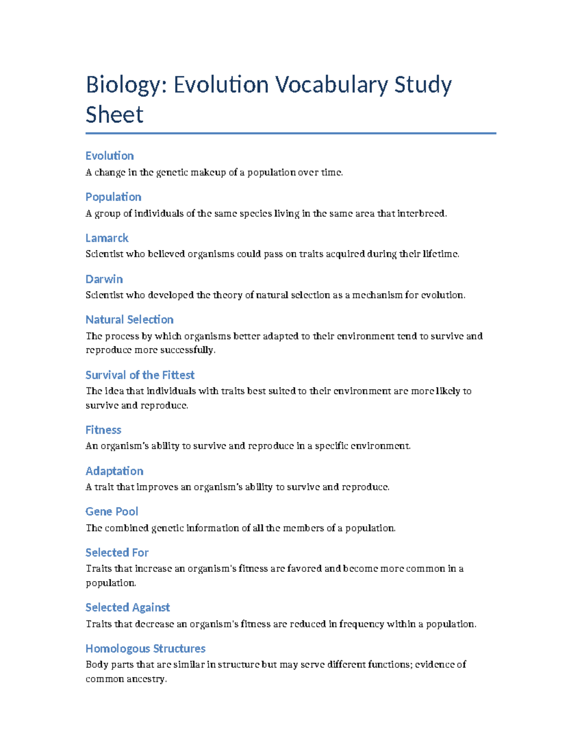 Evolution Vocabulary Study Sheet - Biology: Evolution Vocabulary Study ...