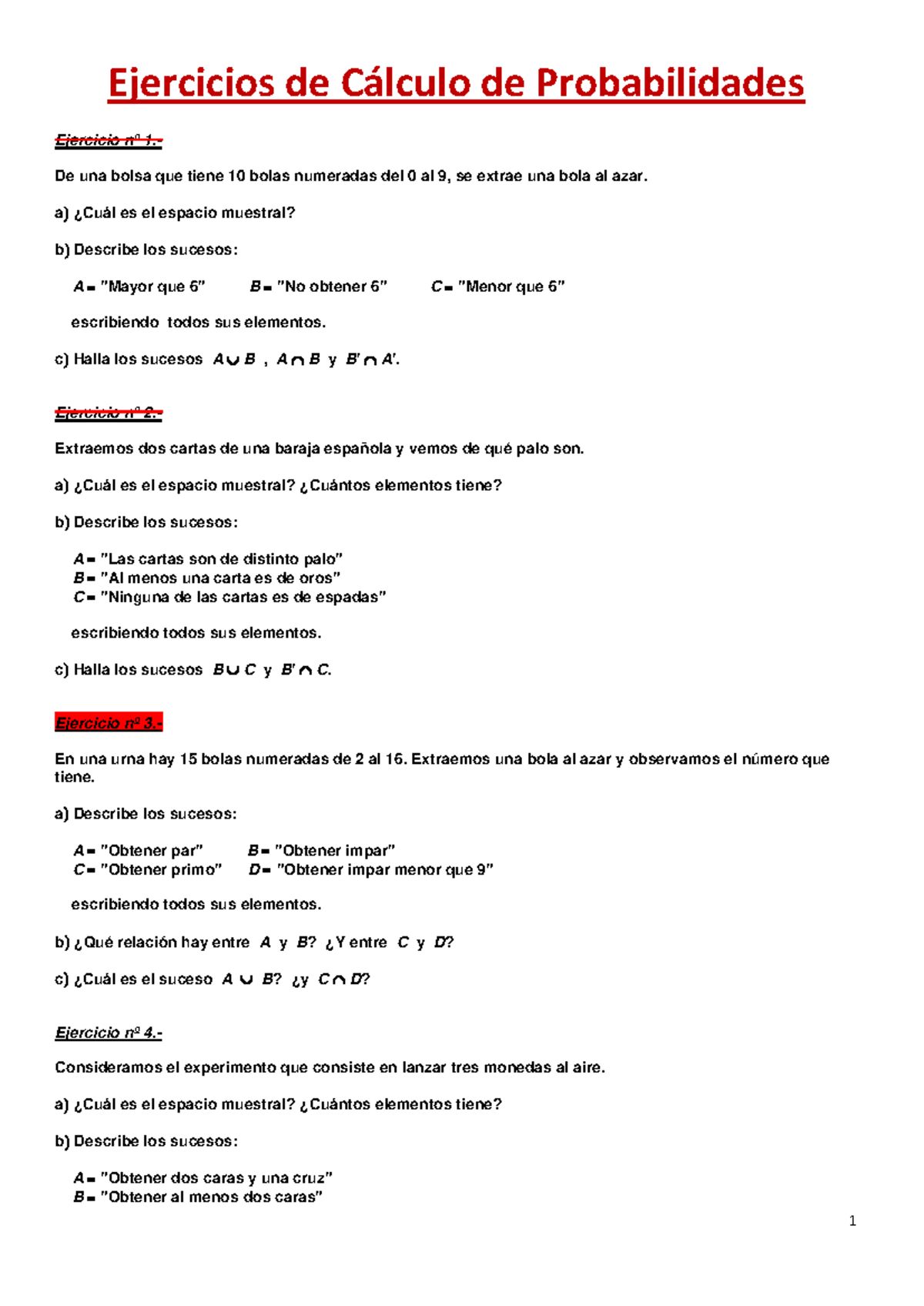 Ejercicios de Cálculo de Probabilidades - Ejercicios 1 a 29 - Studocu