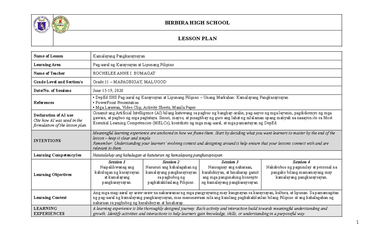 BIRBIRA HIGH SCHOOL G11 LESSON PLAN: Kamalayang Pangkasaysayan - Studocu