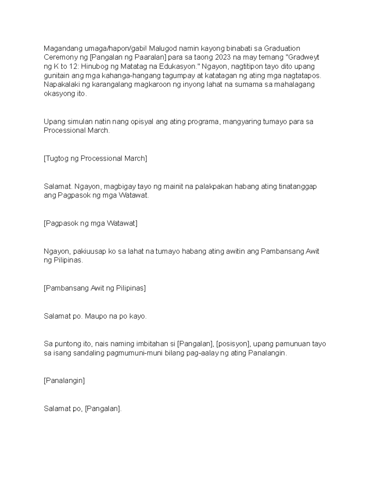 Graduation Emcee Script Filipino - Magandang umaga/hapon/gabi! Malugod ...