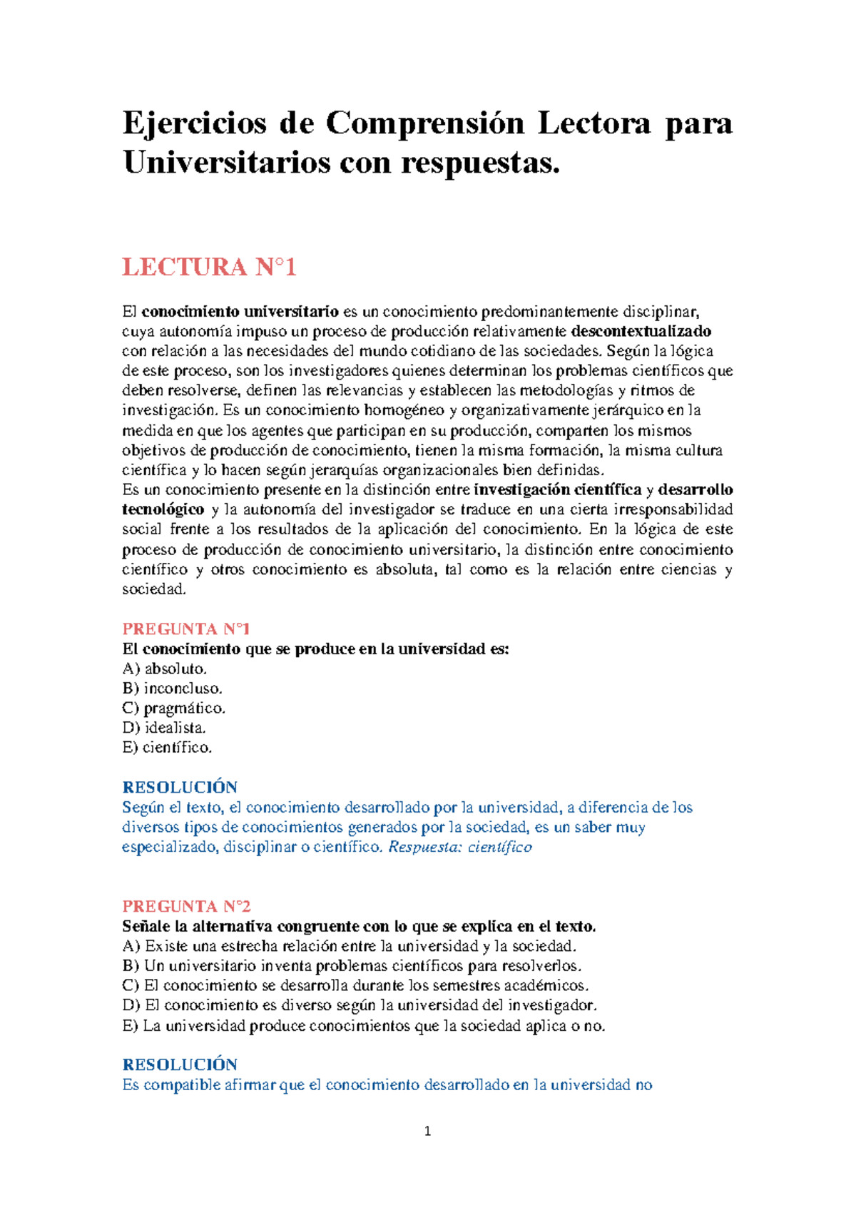 Ejercicios de Comprensión Lectora Universitarios con Respuestas - Guía ...