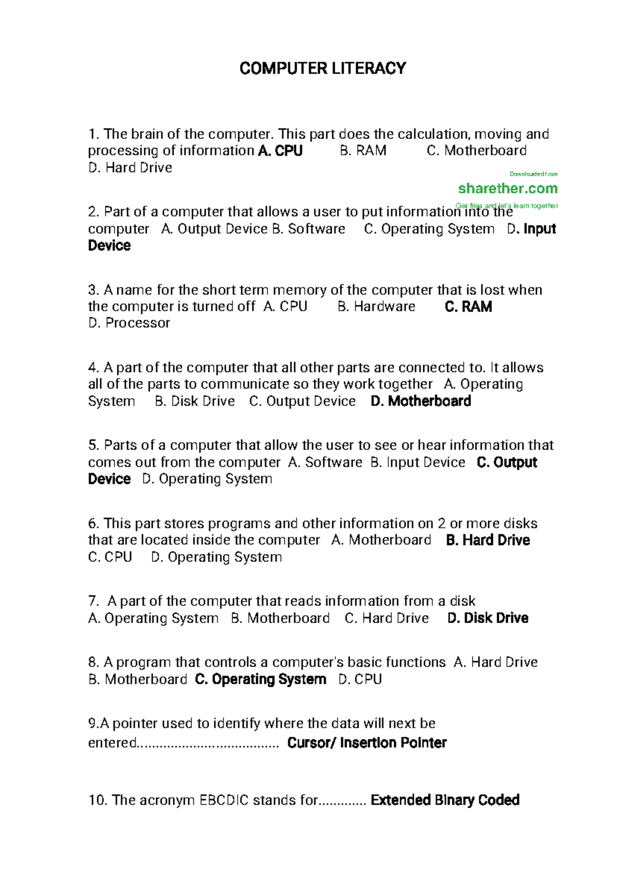 Computer Literacy 1: Q&A on Computer Components and Functions - Studocu
