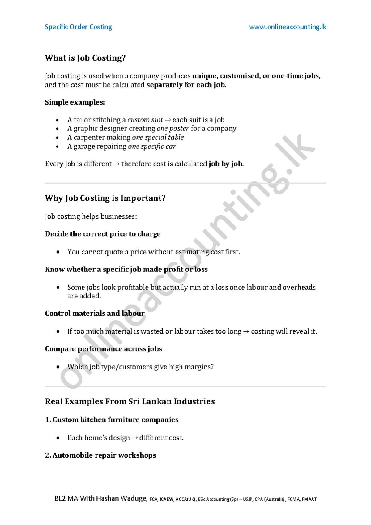 BL2 MA Specific Order Costing: Job, Batch, Contract & Service Costing ...