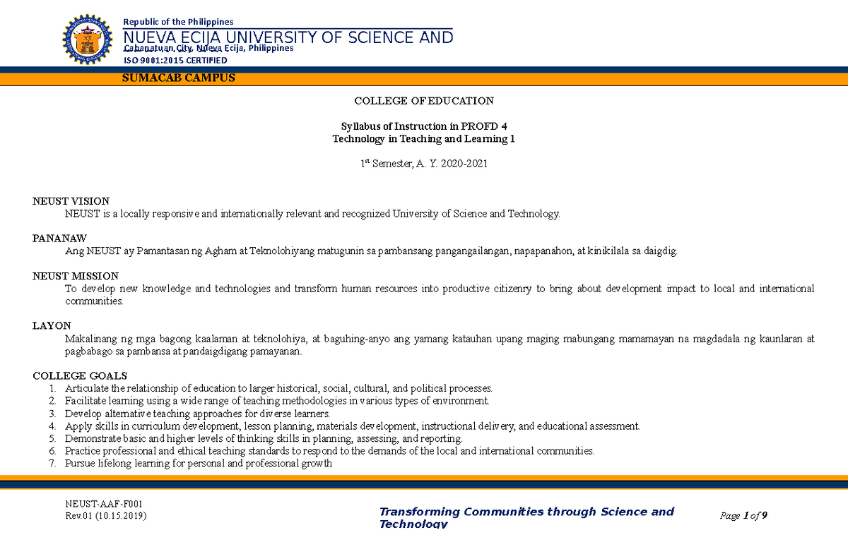 Syllabus Profed 4 for BEED Students - COLLEGE OF EDUCATION Syllabus of ...