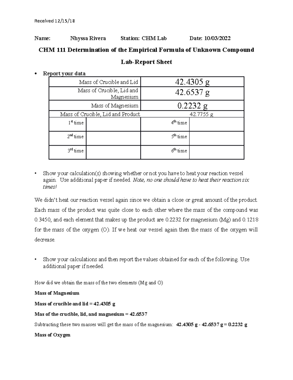 Lab Report on Empirical Formula Determination of Unknown Compound - CHM ...
