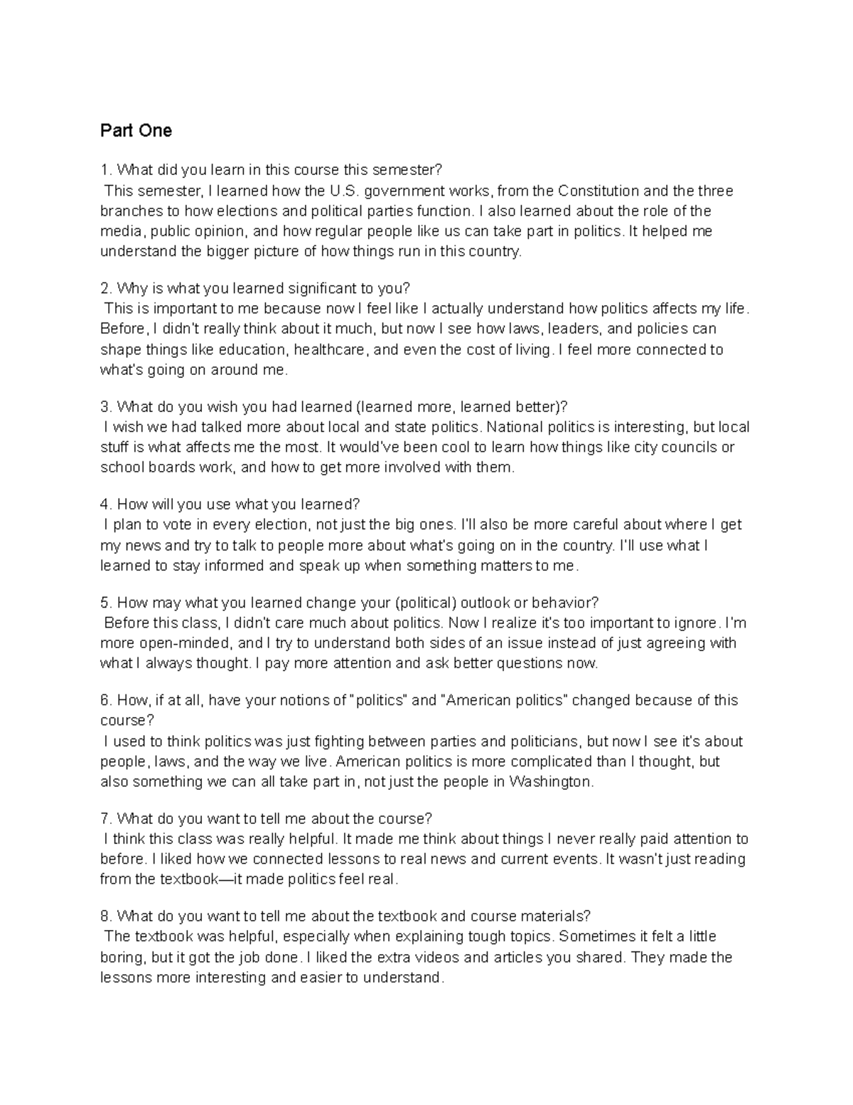 US Politics (POL101) Final Reflection on Course Learnings - Studocu