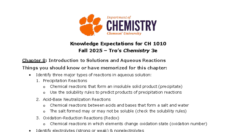 Chemistry 1010: CH 1010 Fall 2025 - Solutions & Aqueous Reactions - Studocu