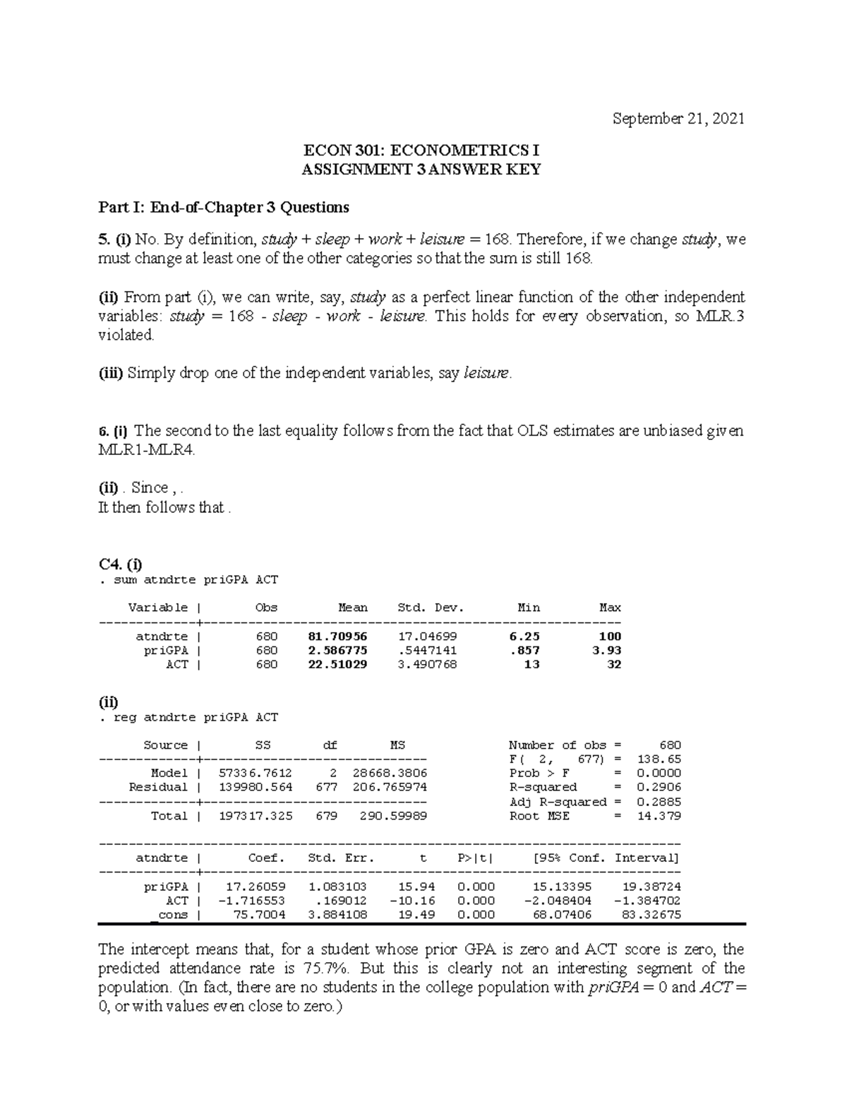 Assignment 3 Answer Key - September 21, 2021 ECON 301: ECONOMETRICS I ...