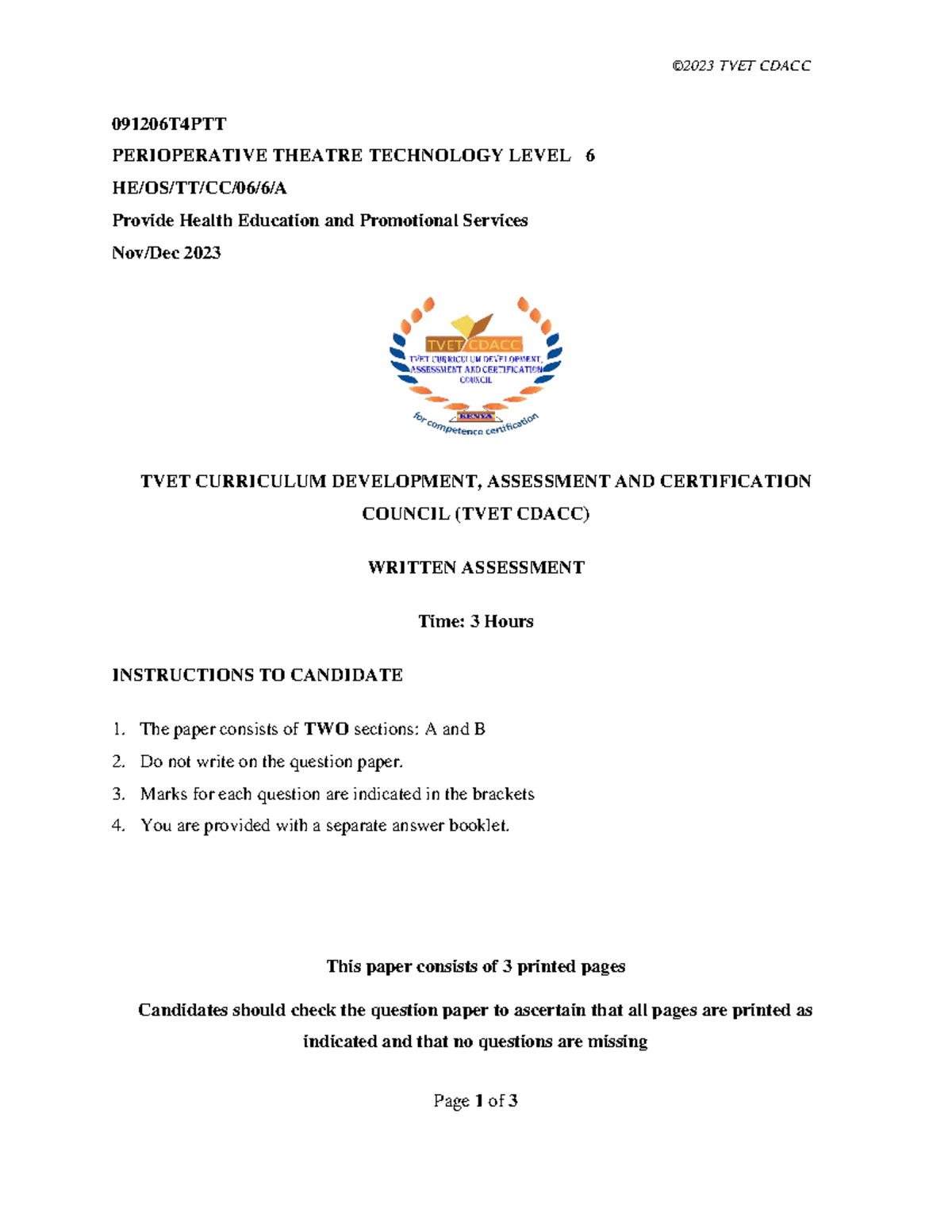 TVET CDACC 091206T4PTT Perioperative Theatre Tech Level 6 Health ...