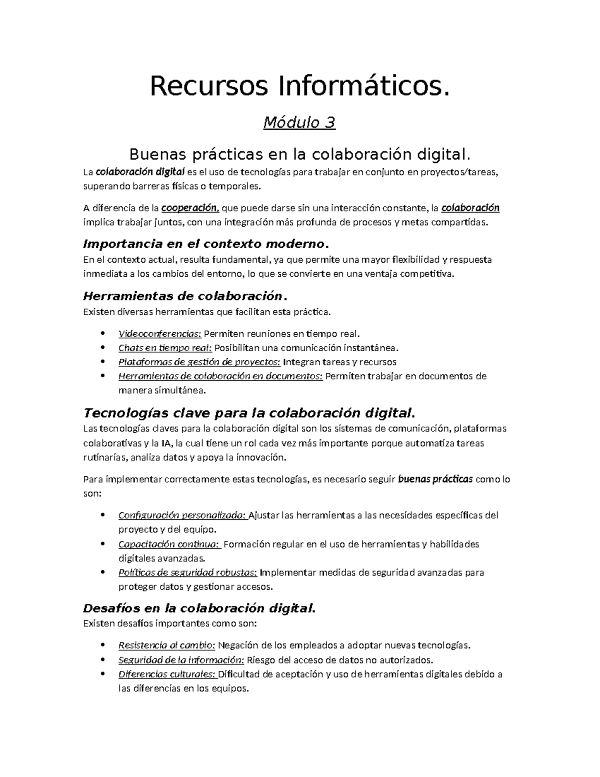 Recursos Informáticos: Módulo 3 y 4 sobre Colaboración Digital - Studocu