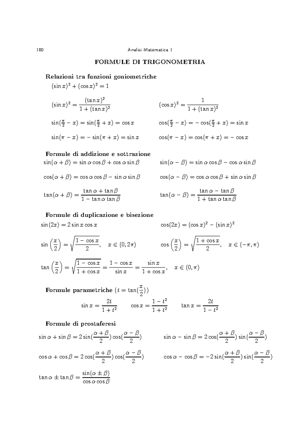 Formule - Riassunto Matematica generale - 180 Analisi Matematica 1 ...