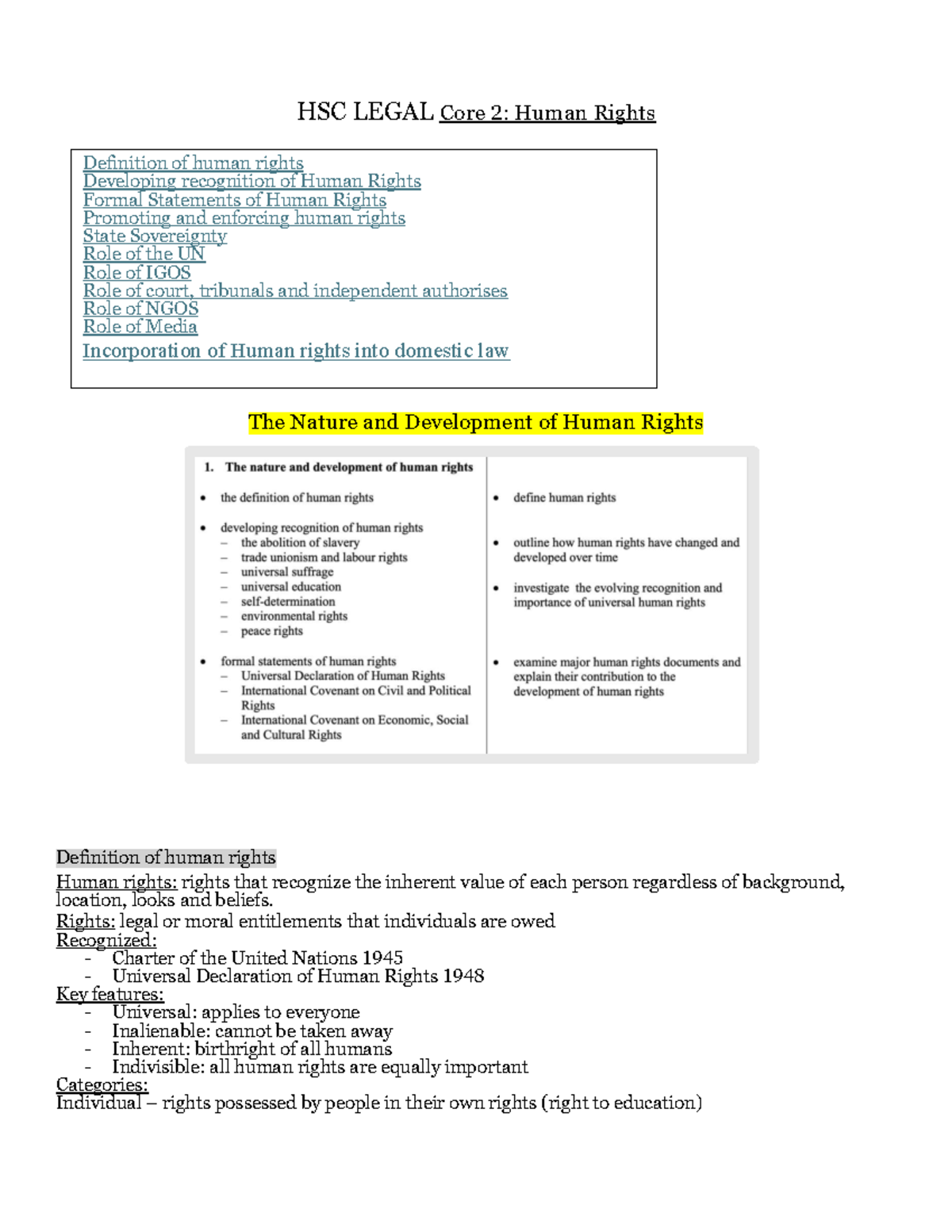 HSC LEGAL Core 2: Comprehensive Overview of Human Rights - Studocu