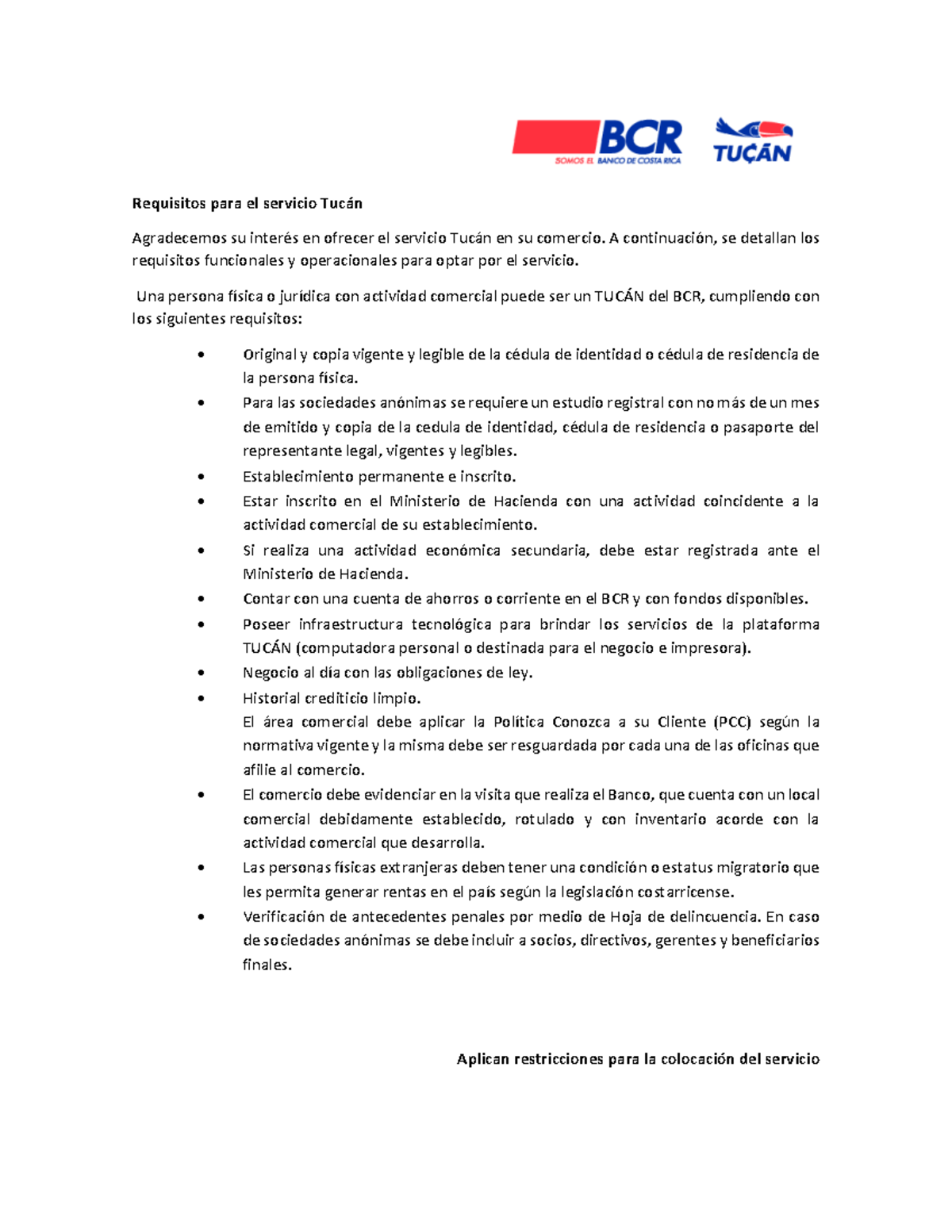Requisitos del Servicio Tucán BCR 123: Guía Completa para Comercios ...