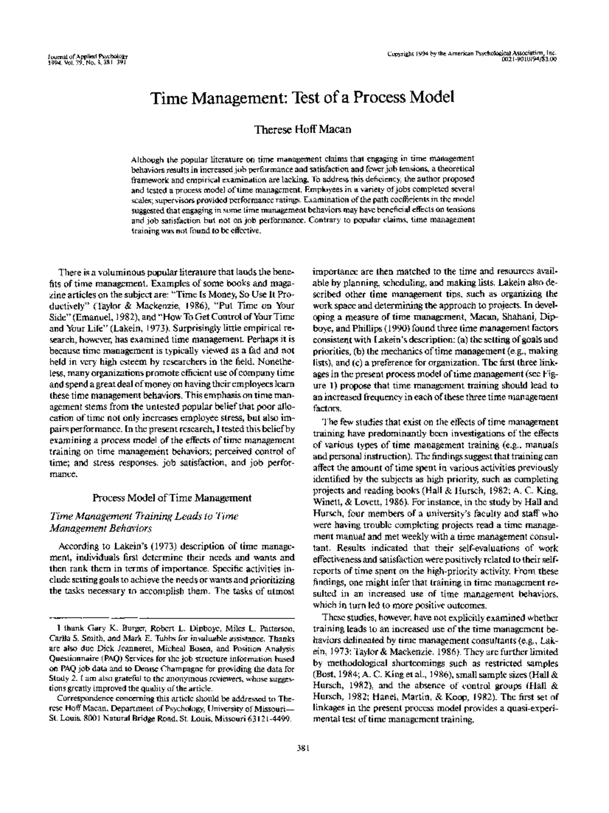 Time Management Process Model: Empirical Test and Findings - Studocu