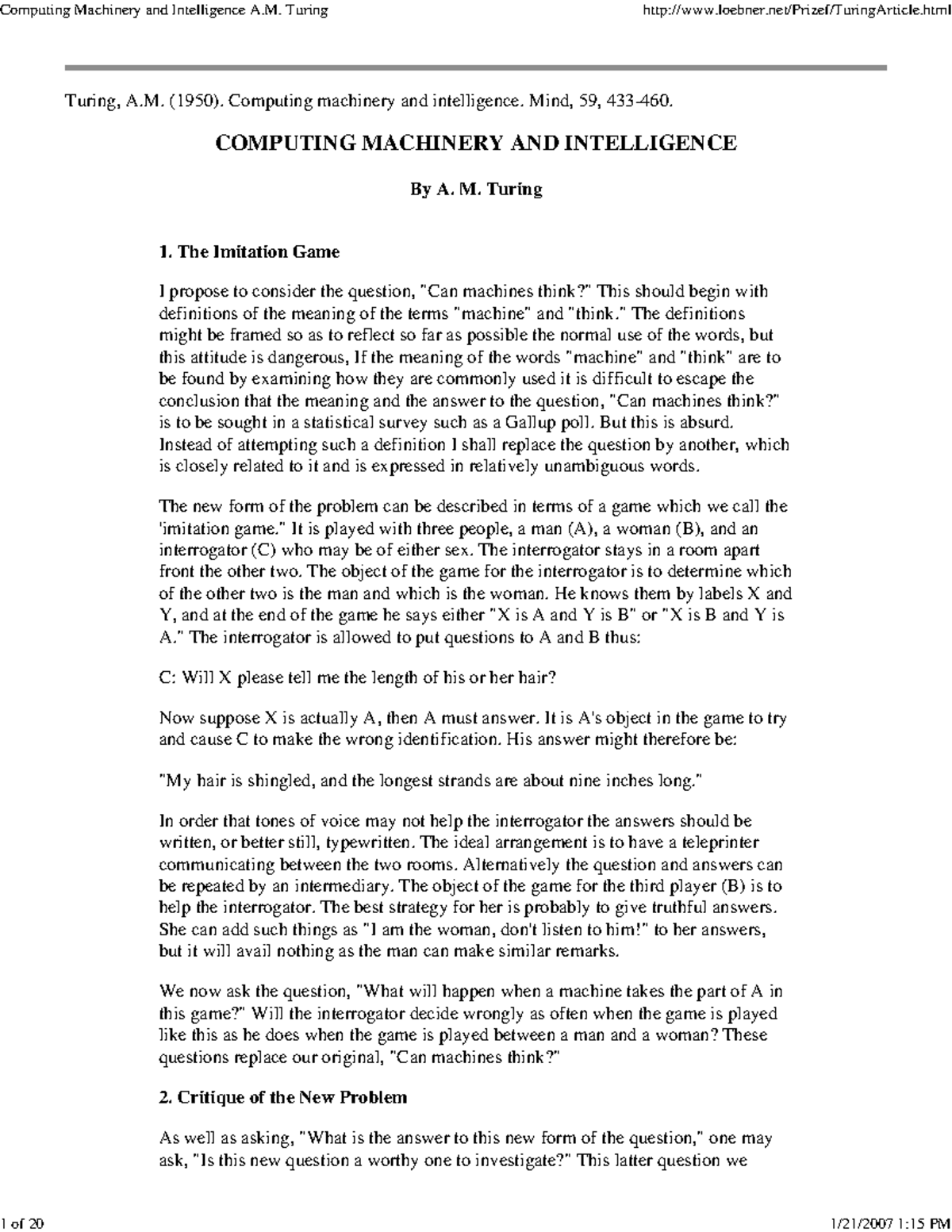 Computation and Intelligence: A.M. Turing's 1950 Analysis - Turing, A ...