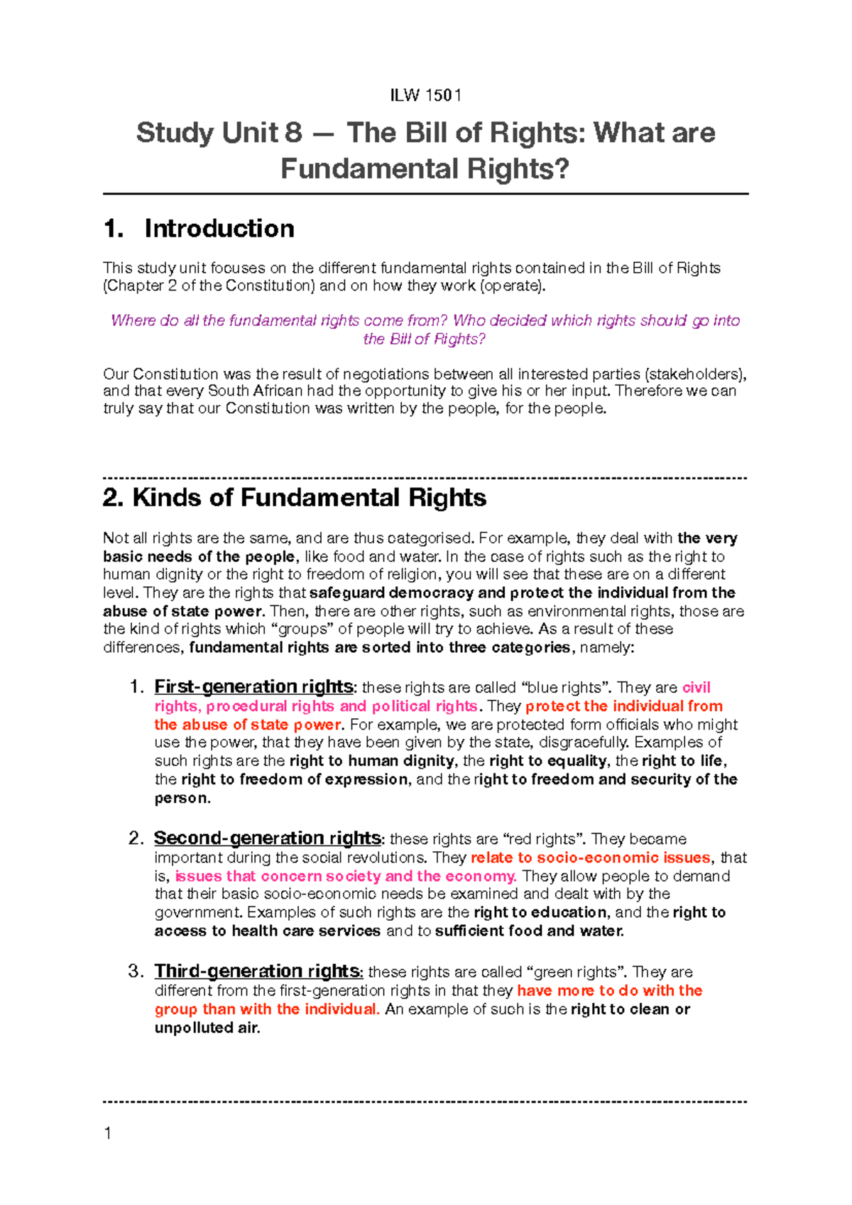 (8) The Bill of Rights- What are Fundamental Rights - ILW 1501 Study ...