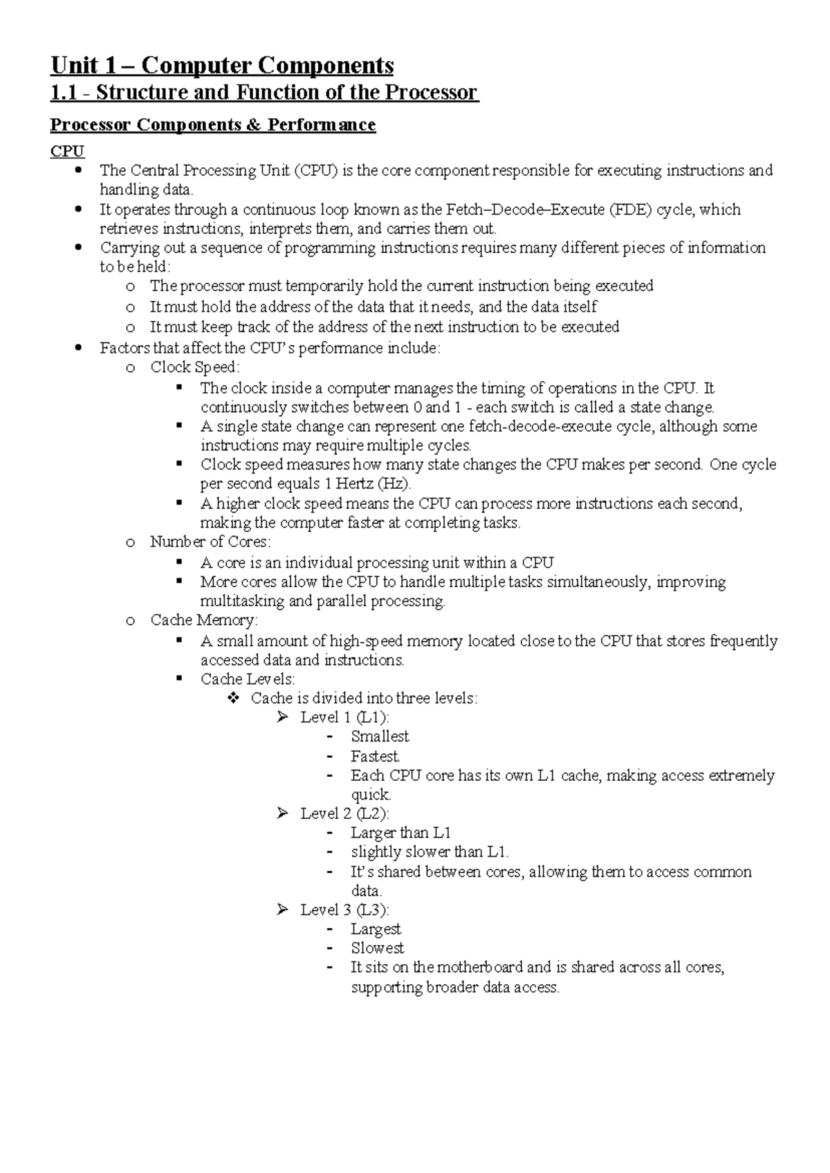 Unit 1 - 1.1 CPU Structure & Function: Performance & Components Notes ...