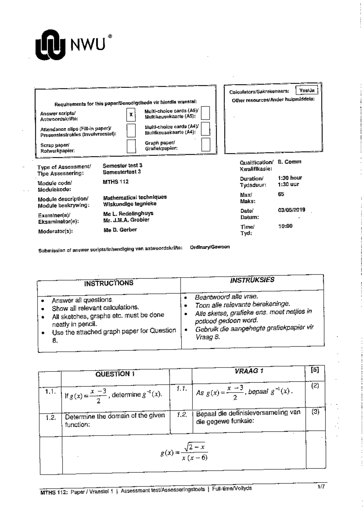 MTHS 112: Semester Test 3 & Memo - Mathematical Techniques - Studocu