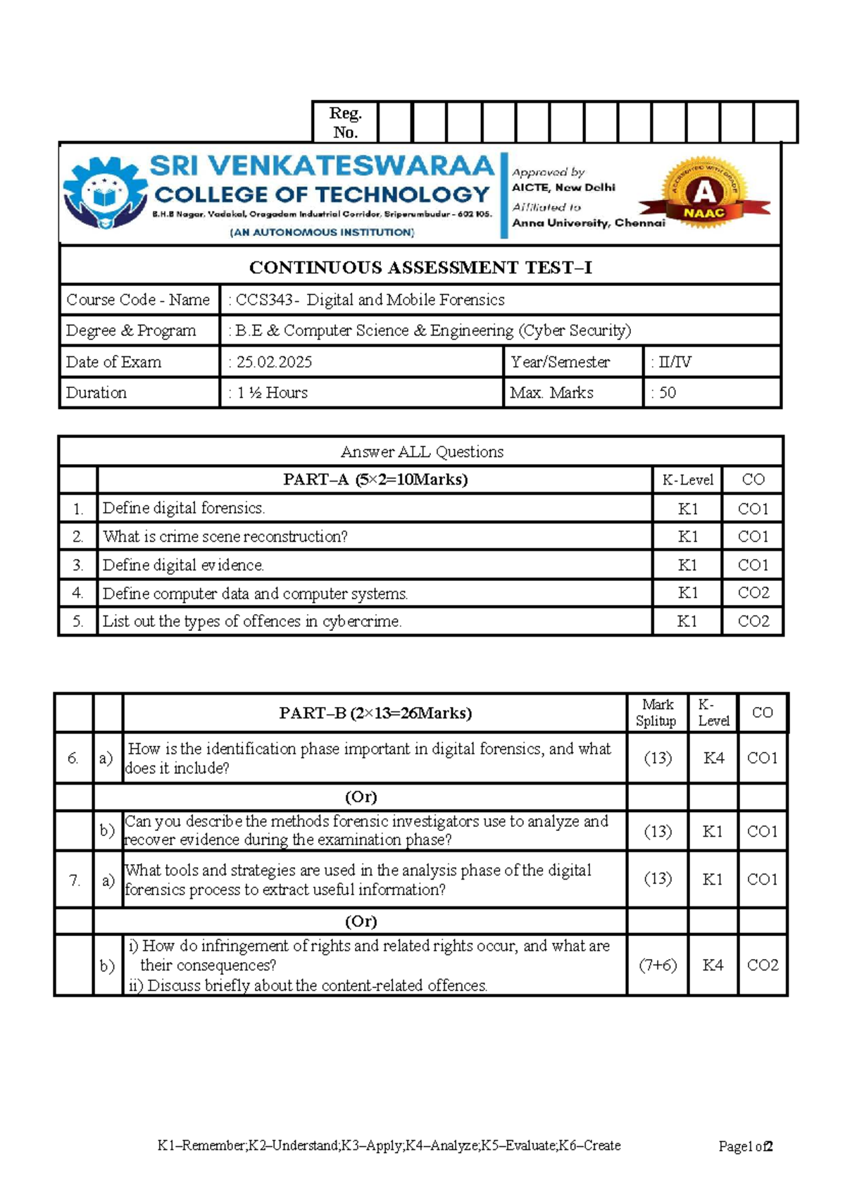 CCS343 Digital & Mobile Forensics Continuous Assessment QP - Set A - Studocu