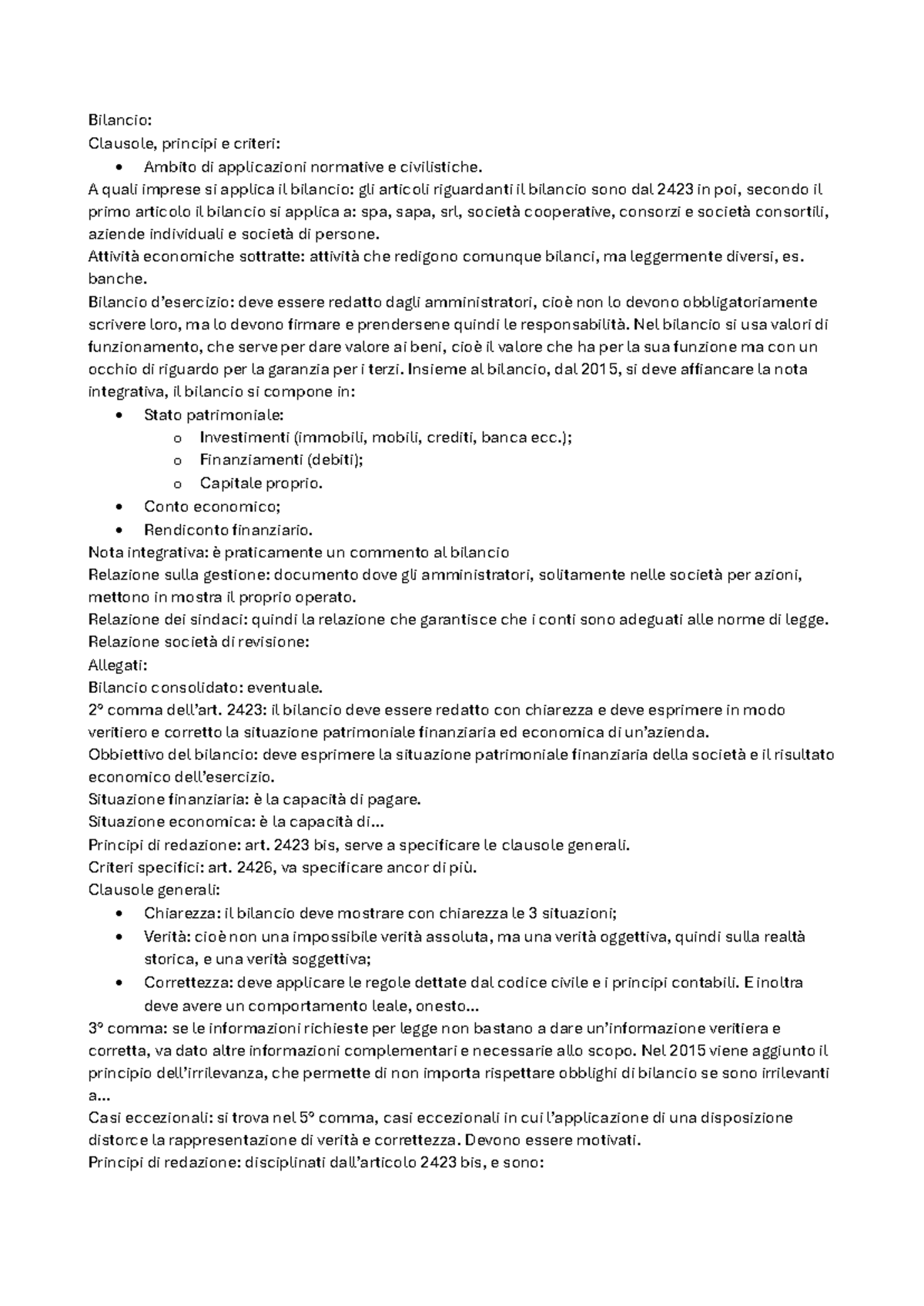 Bilancio: Principi e Criteri Normativi per Imprese (Corso 2423) - Studocu