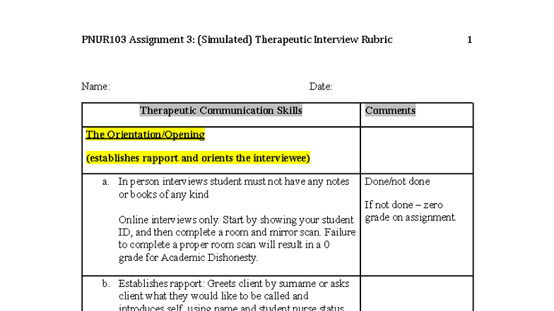 PNUR103 Assignment 3: Simulated Therapeutic Interview Guidelines - Studocu