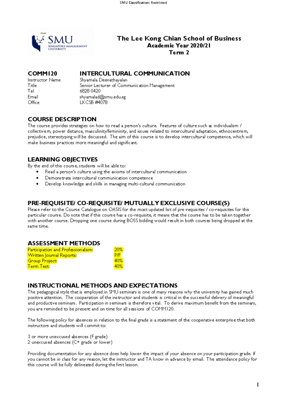 Course Outline - 1 SMU Classification: Restricted The Lee Kong Chian ...