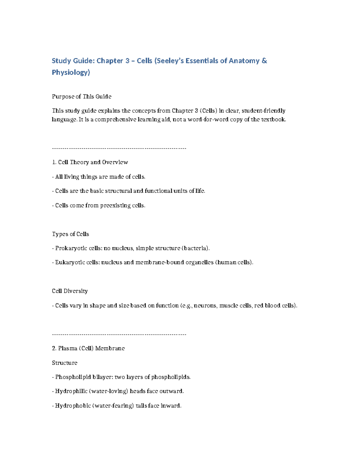 Chapter 3 Study Guide: Cells in Essentials of Anatomy & Physiology ...